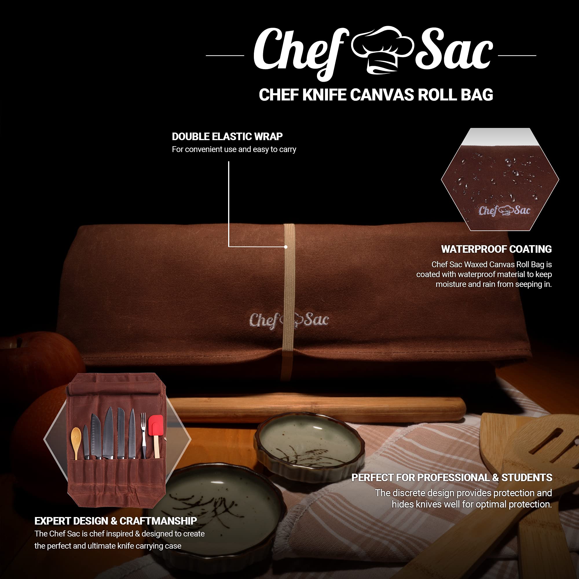 Chef Knife Waxed Canvas Knife Roll Bag| 8 Pockets for Knives & Kitchen Utensils Waterproof Material | Great Gift for Executive Chefs & Culinary Students (Reddish Brown)