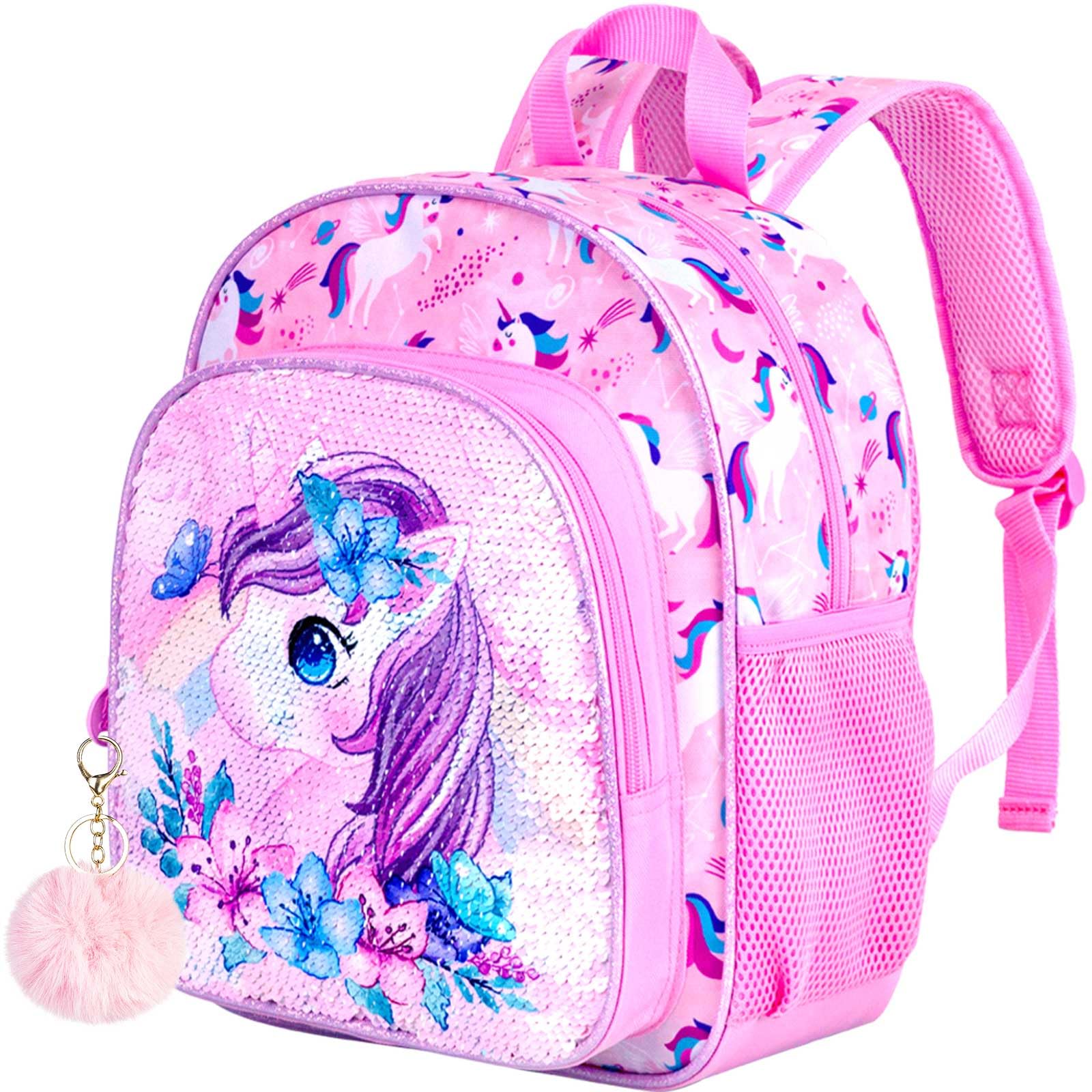 KLFVB Toddler Backpack for Girls,Cute Unicorn Bookbag for Little Kids,12โ Sequin Kindergarten Preschool Schoolbag