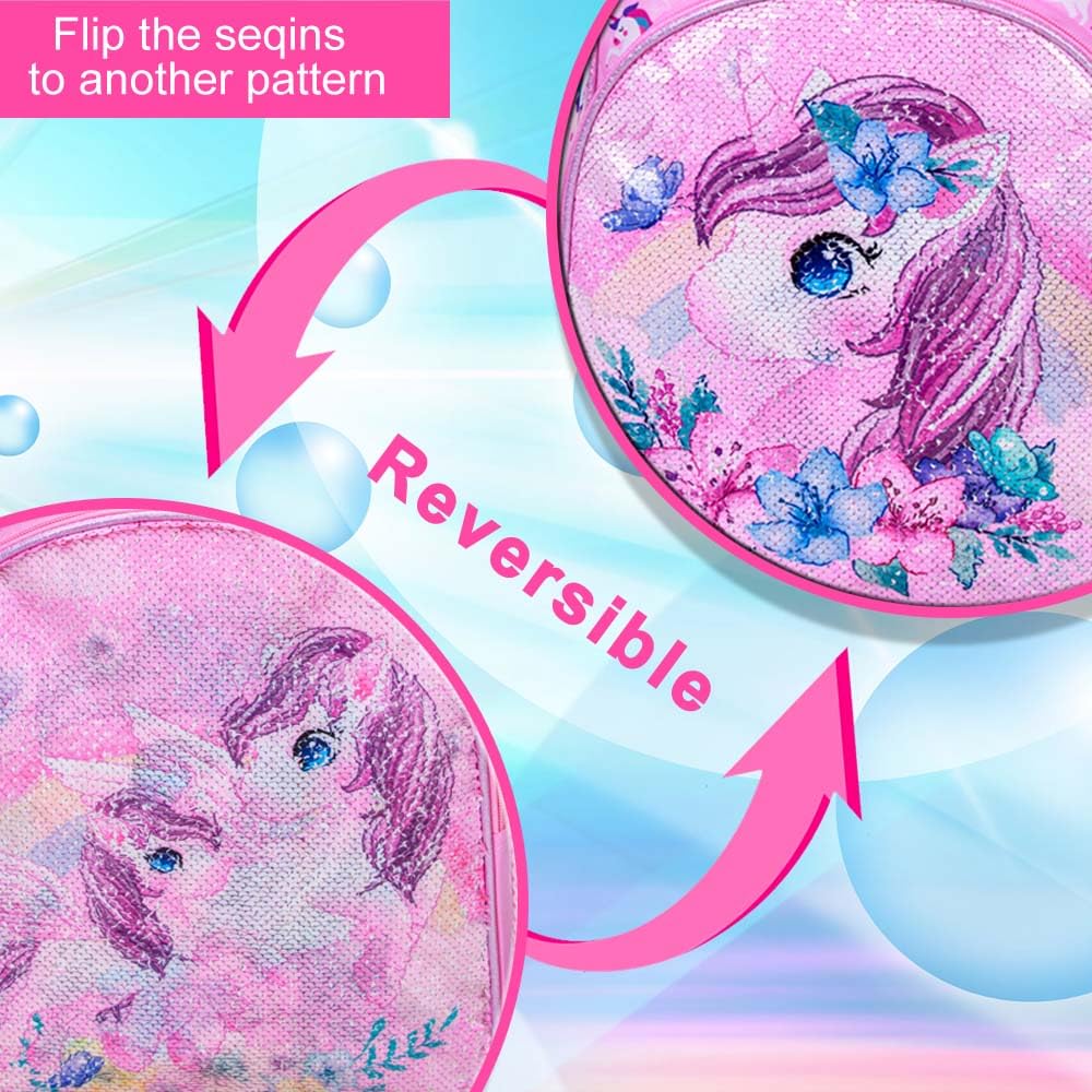 KLFVB Toddler Backpack for Girls,Cute Unicorn Bookbag for Little Kids,12” Sequin Kindergarten Preschool Schoolbag