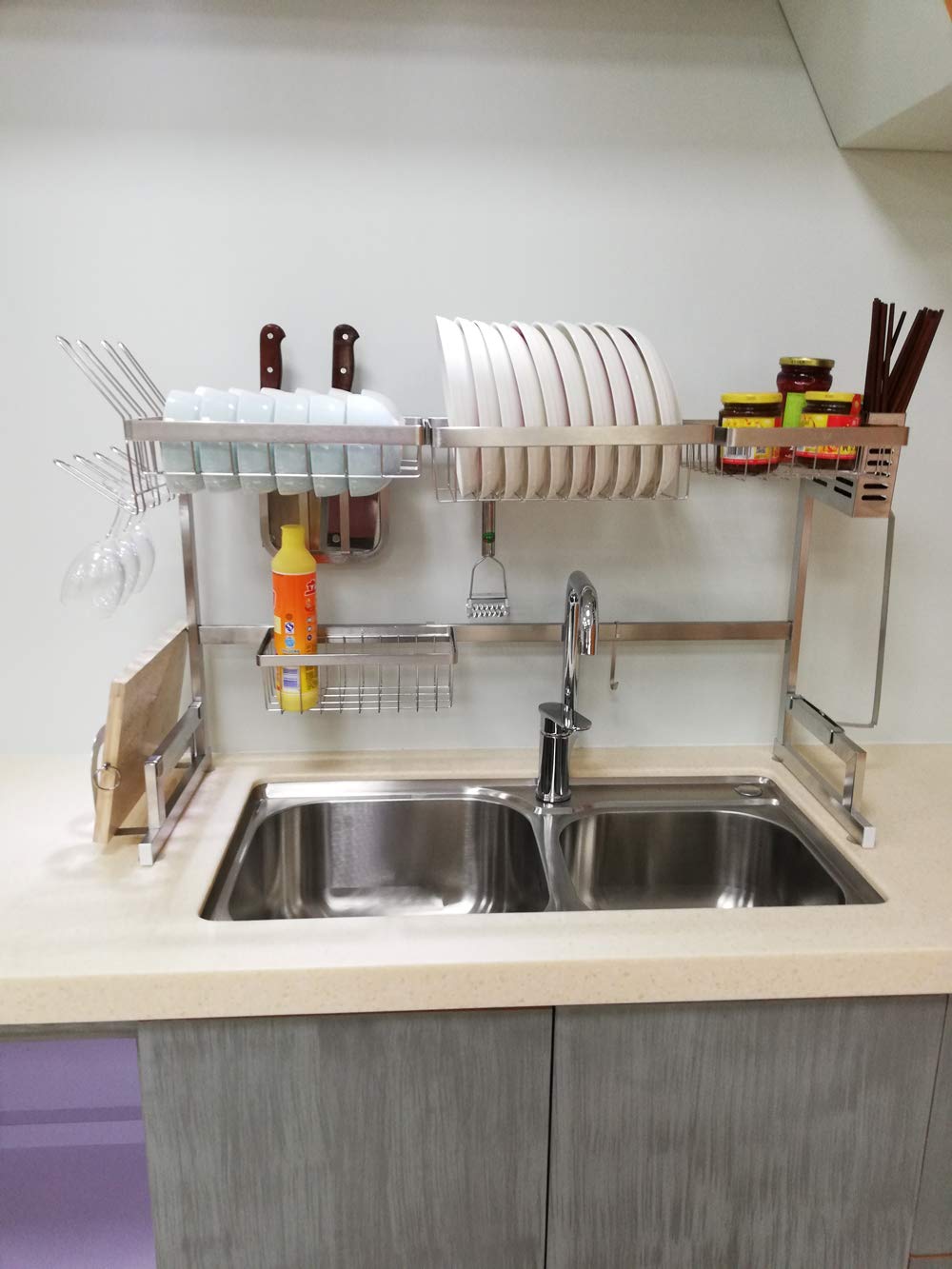 Stainless Steel Dish Drying Rack Over Kitchen Sink, Dishes and Utensils Draining Shelf, Kitchen Storage Countertop Organizer, Utensils Holder, Kitchen Space Saver (For Sink ≤ 33.5 inch)