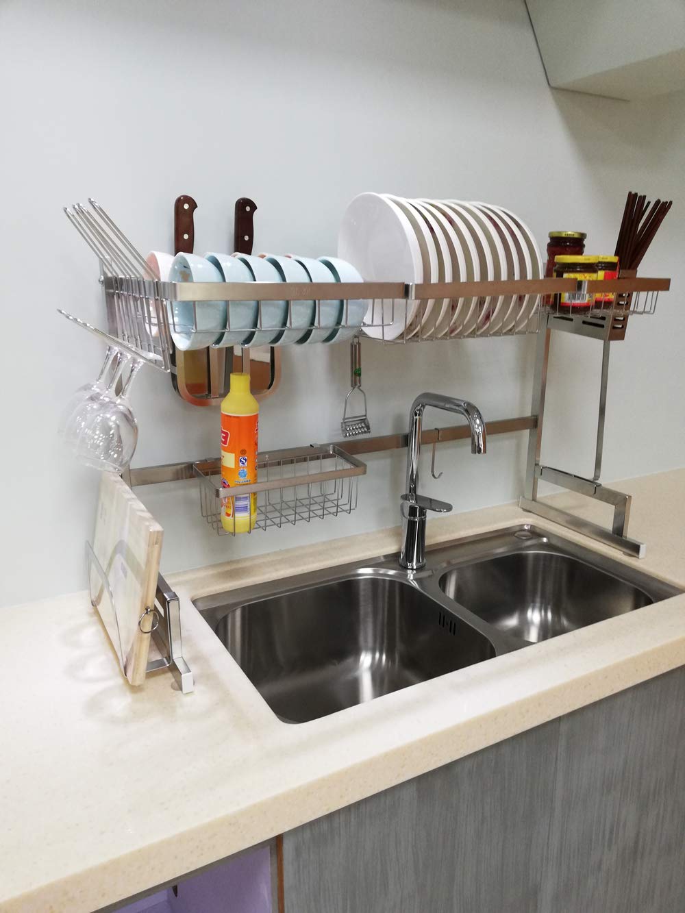 Stainless Steel Dish Drying Rack Over Kitchen Sink, Dishes and Utensils Draining Shelf, Kitchen Storage Countertop Organizer, Utensils Holder, Kitchen Space Saver (For Sink ≤ 33.5 inch)