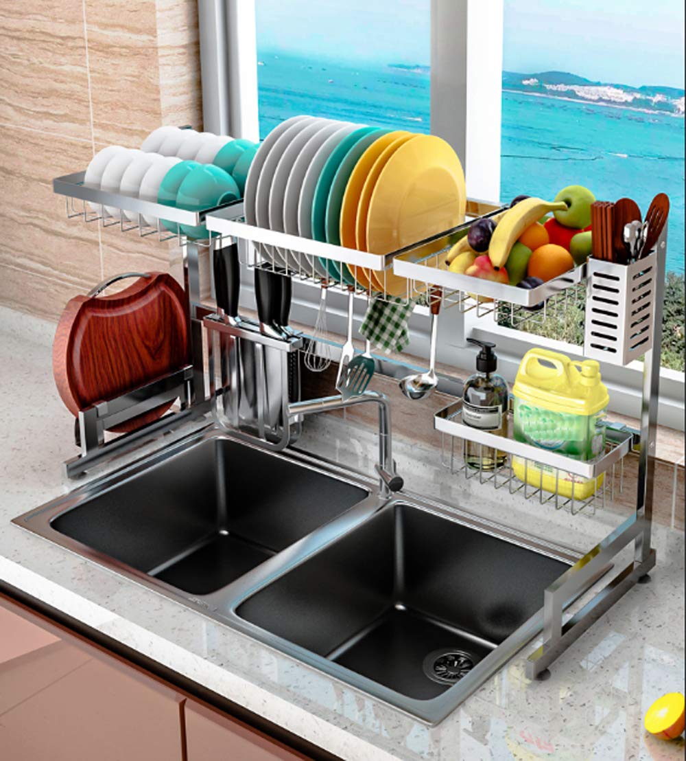 Stainless Steel Dish Drying Rack Over Kitchen Sink, Dishes and Utensils Draining Shelf, Kitchen Storage Countertop Organizer, Utensils Holder, Kitchen Space Saver (For Sink ≤ 33.5 inch)