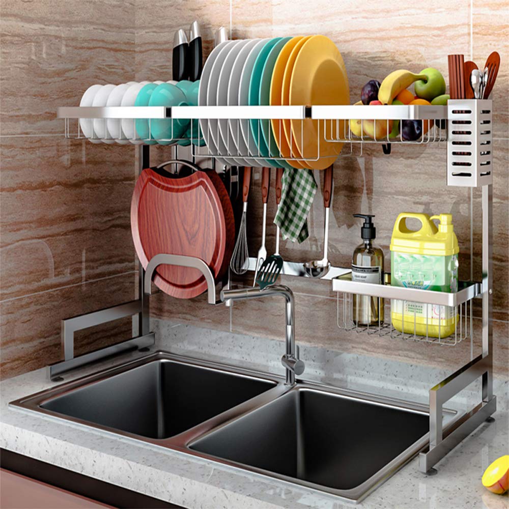 Stainless Steel Dish Drying Rack Over Kitchen Sink, Dishes and Utensils Draining Shelf, Kitchen Storage Countertop Organizer, Utensils Holder, Kitchen Space Saver (For Sink ≤ 33.5 inch)