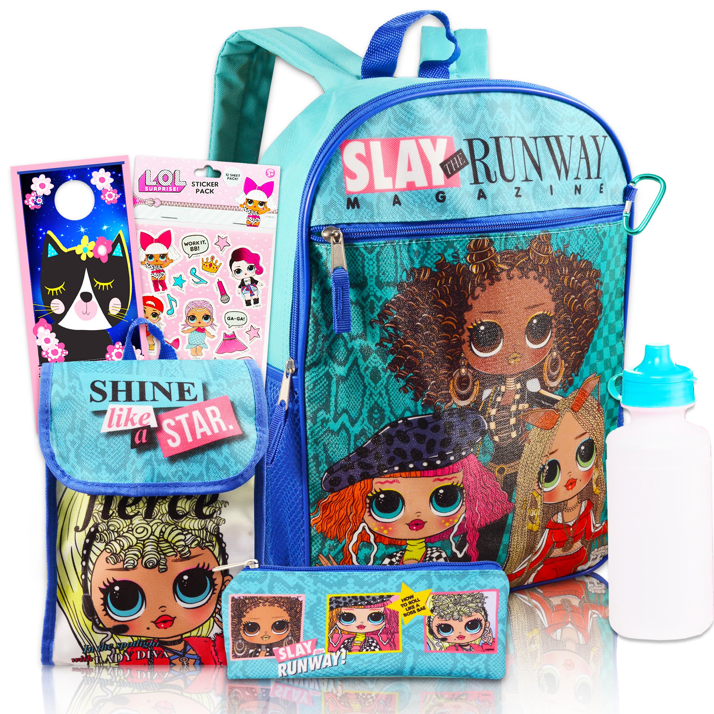 Lol Backpack with Lunch Bag Set - 7 Pc Lol Backpack for Girls 6-12, Lunch Bag, Water Bottle, Pencil Case, Door Hanger, More | Lol Dolls School Supplies