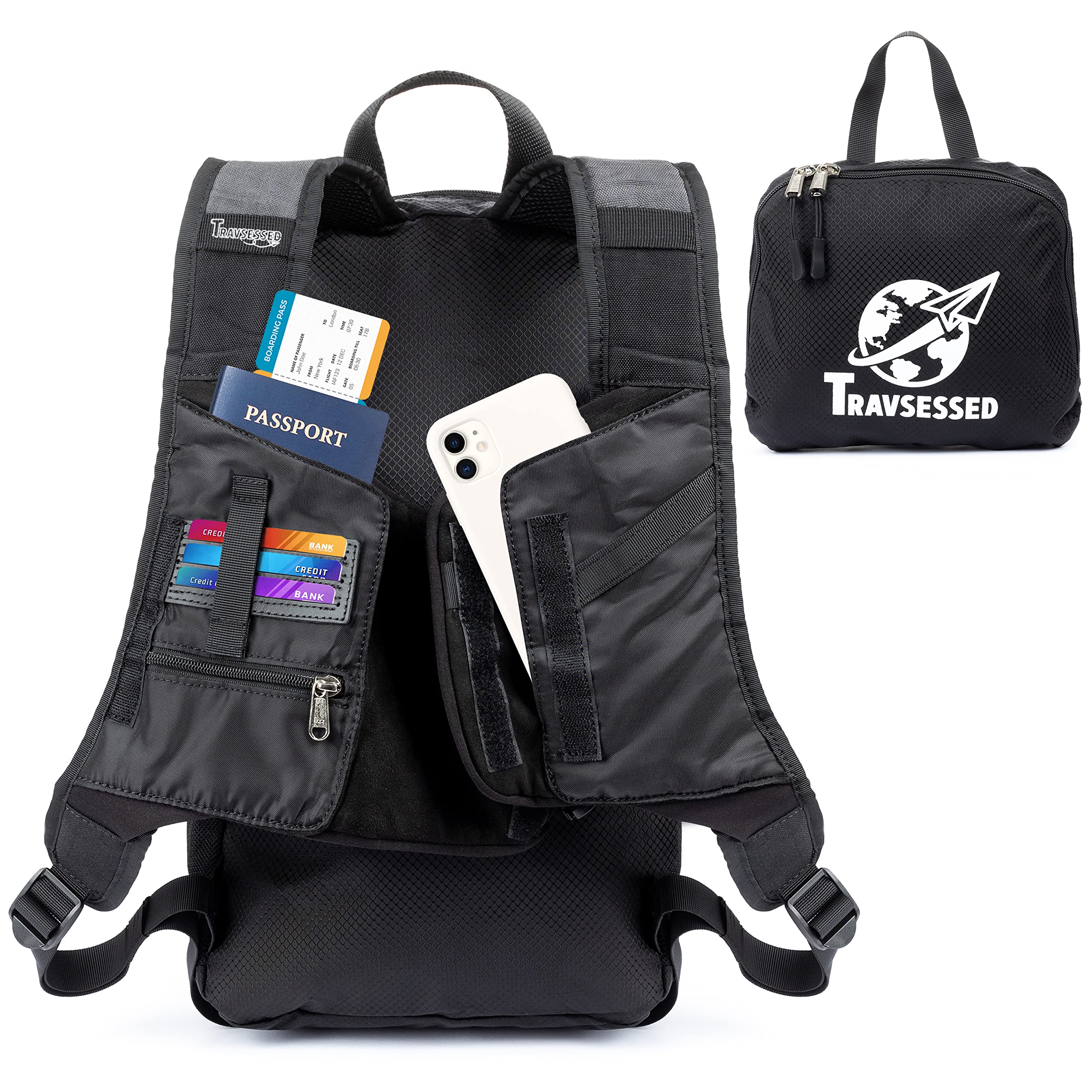 Travsessed 3 in 1 Travel Backpack, w/ Built In Anti-Theft RFID Passport Holder, Travel Wallet & Phone Pouch, Airline / Flight Approved Carry on Backpack, Packable Daypack for Men/Women Black