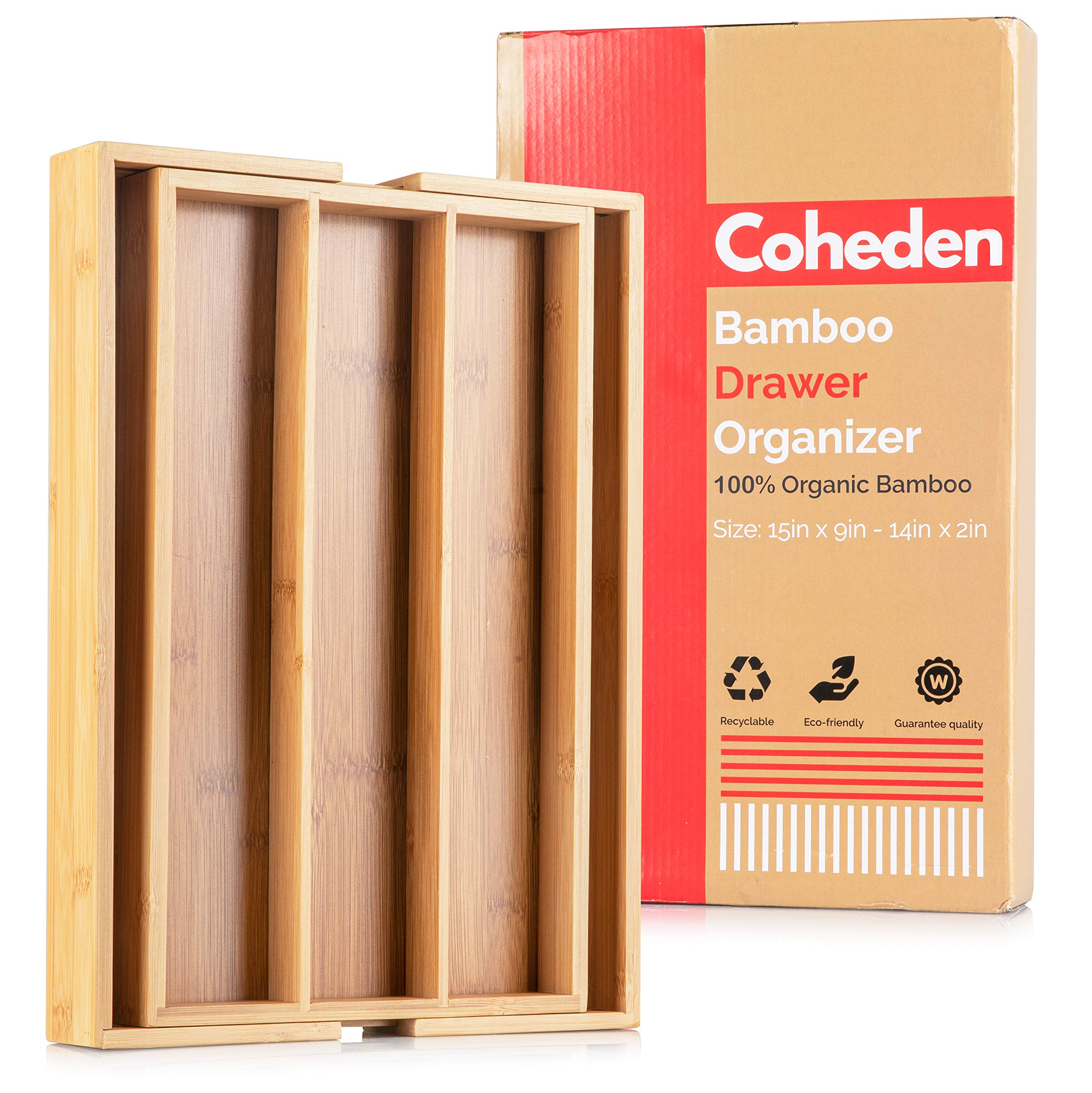 Coheden Bamboo Expandable Drawer Organizer Premium Cutlery and Utensil Tray - Multifunctional Organizer Fits With All Drawer Sizes - 100% Pure Bamboo (Medium (3-5 Compartments))