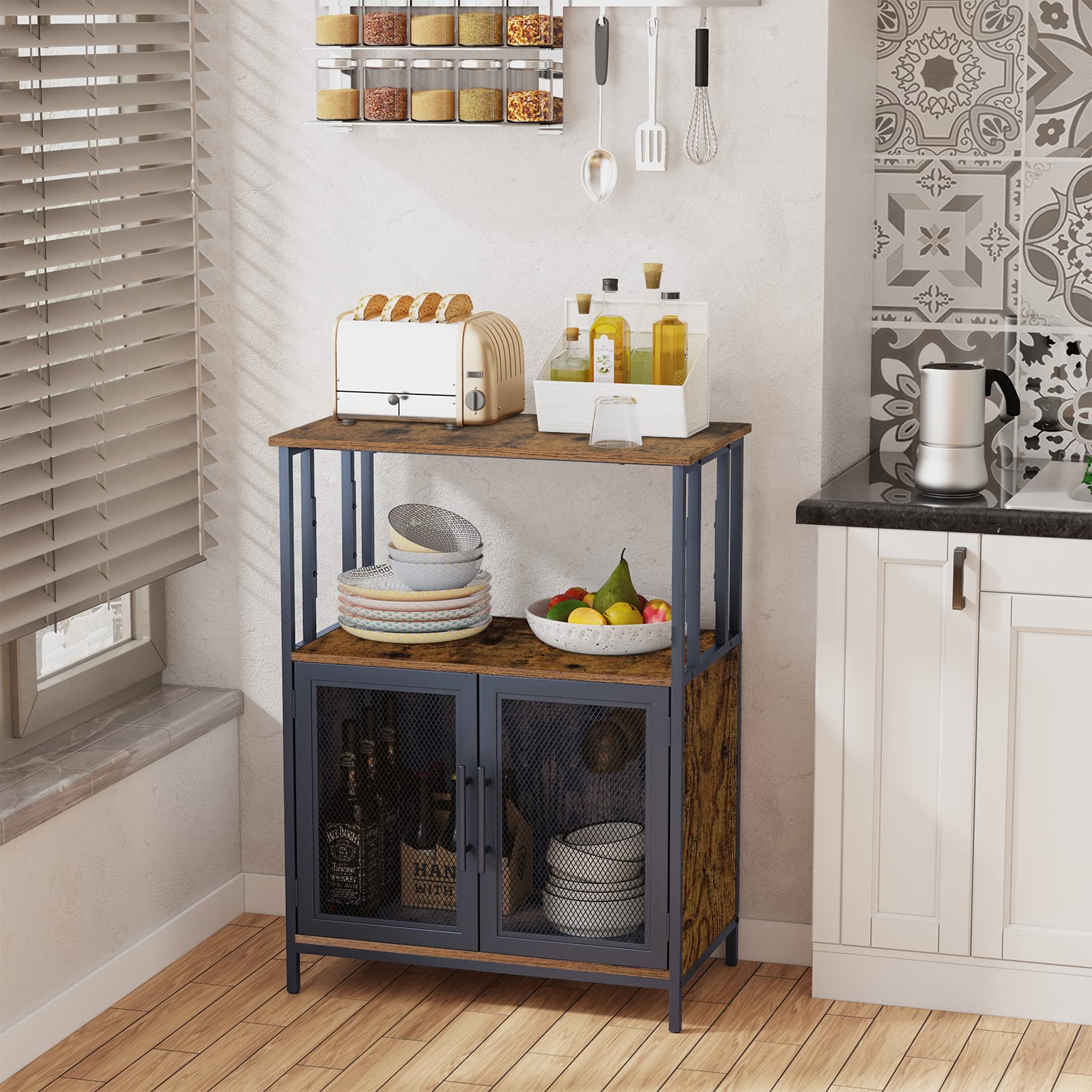 Bennio Brenny Wine Bar Rack Cabinet with Detachable Wine Rack, Liquor Cabinet, Bar Cabinet with Glass Holder, Metal Sideboard Buffet Storage Cabinet with Mesh Door