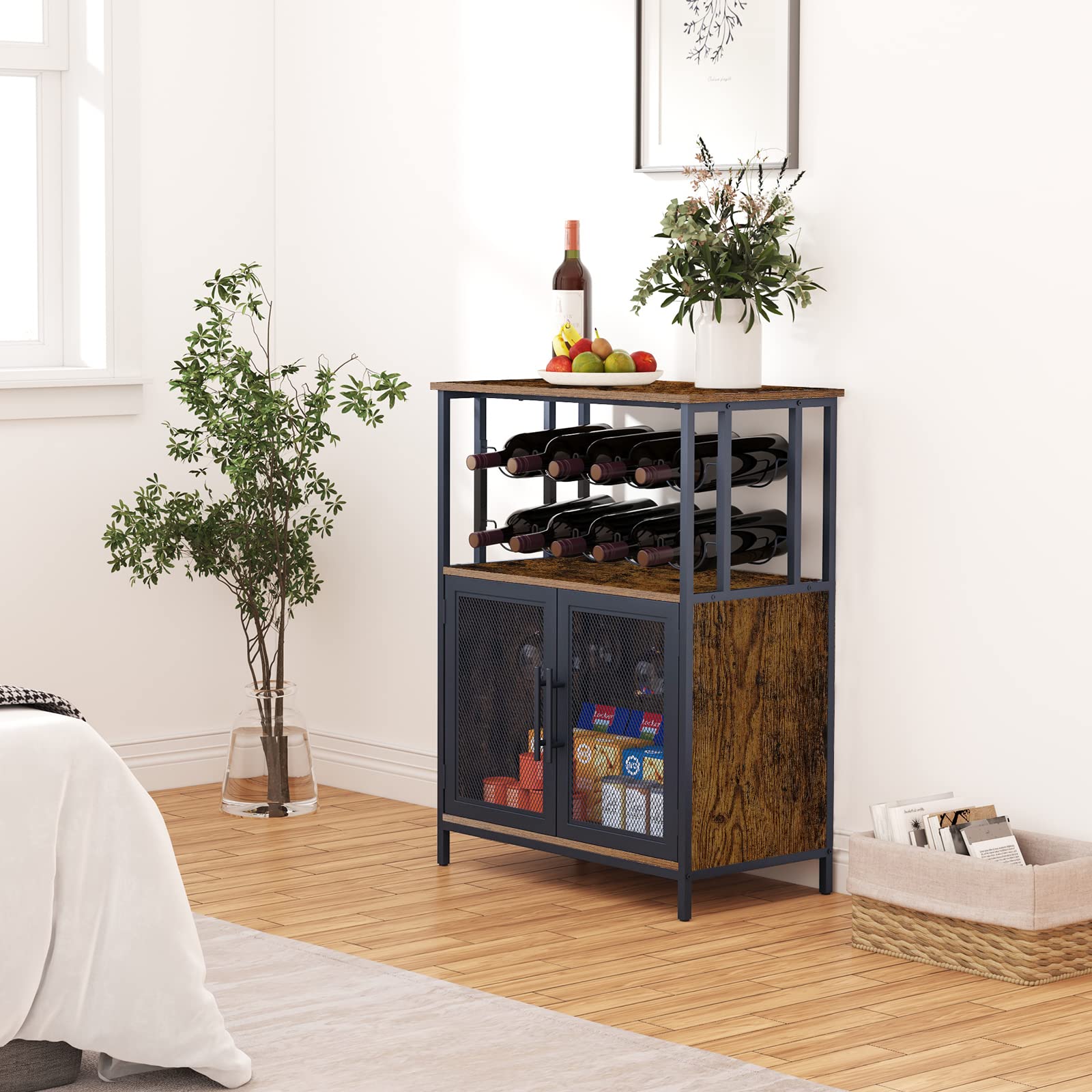 Bennio Brenny Wine Bar Rack Cabinet with Detachable Wine Rack, Liquor Cabinet, Bar Cabinet with Glass Holder, Metal Sideboard Buffet Storage Cabinet with Mesh Door