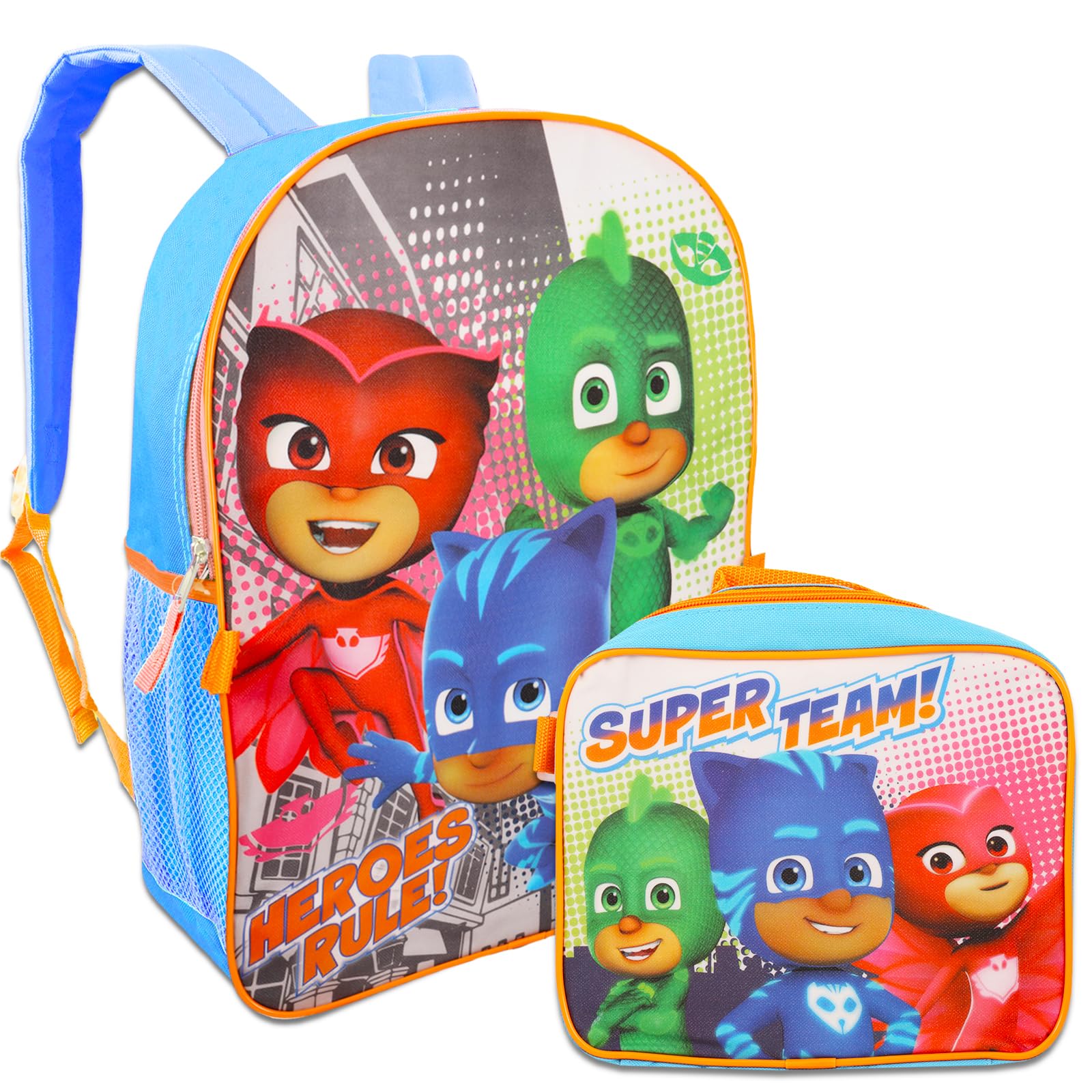 PJ Masks School Backpack With Lunch Box For Kids ~ 4 Pc Bundle With 16" PJ Masks School Bag, Lunch Bag, Stickers, And More Featuring Catboy, Owlette, And Gekko