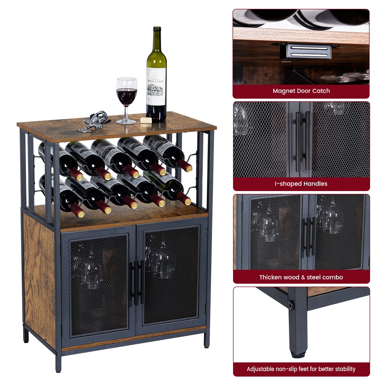 Bennio Brenny Wine Bar Rack Cabinet with Detachable Wine Rack, Liquor Cabinet, Bar Cabinet with Glass Holder, Metal Sideboard Buffet Storage Cabinet with Mesh Door