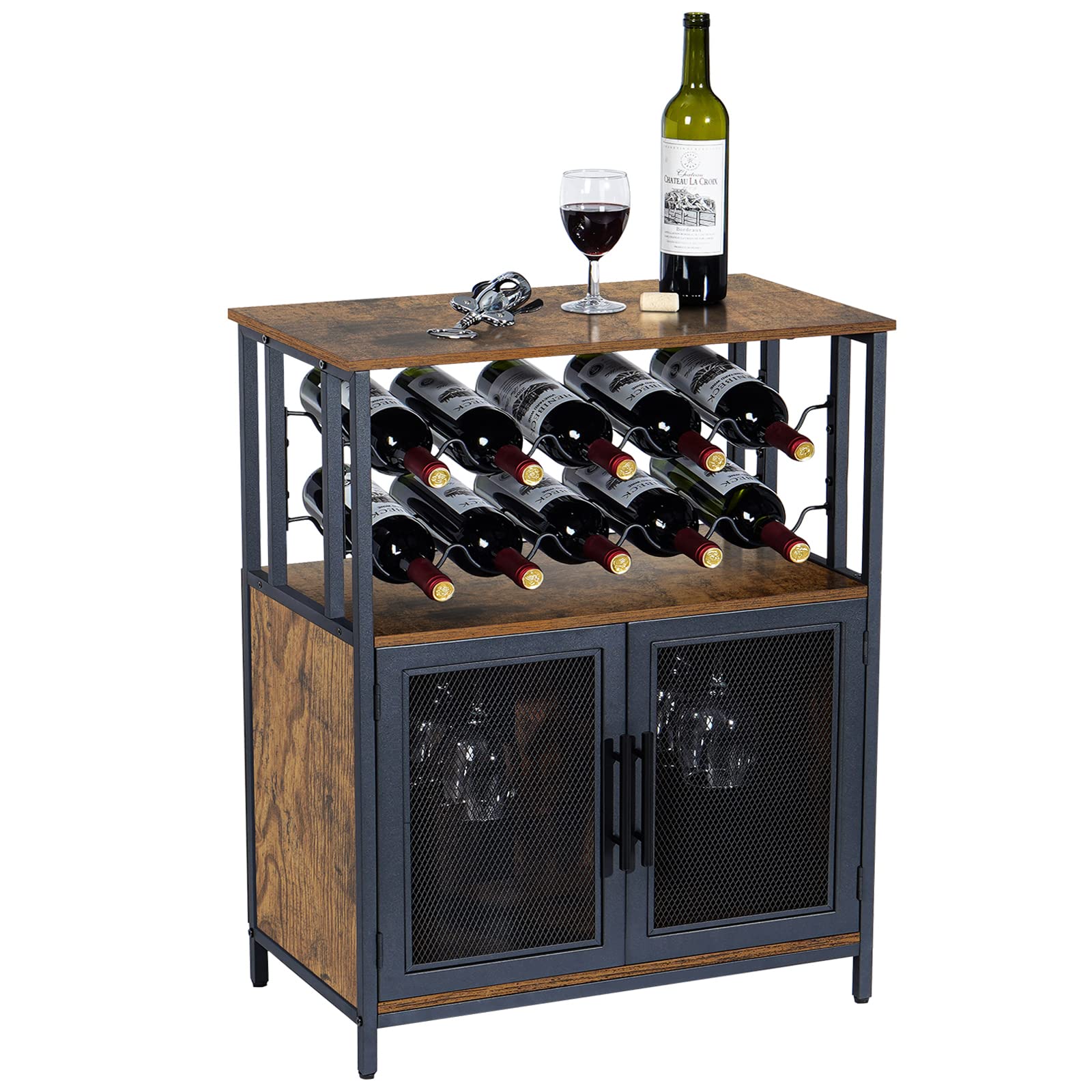 Bennio Brenny Wine Bar Rack Cabinet with Detachable Wine Rack, Liquor Cabinet, Bar Cabinet with Glass Holder, Metal Sideboard Buffet Storage Cabinet with Mesh Door