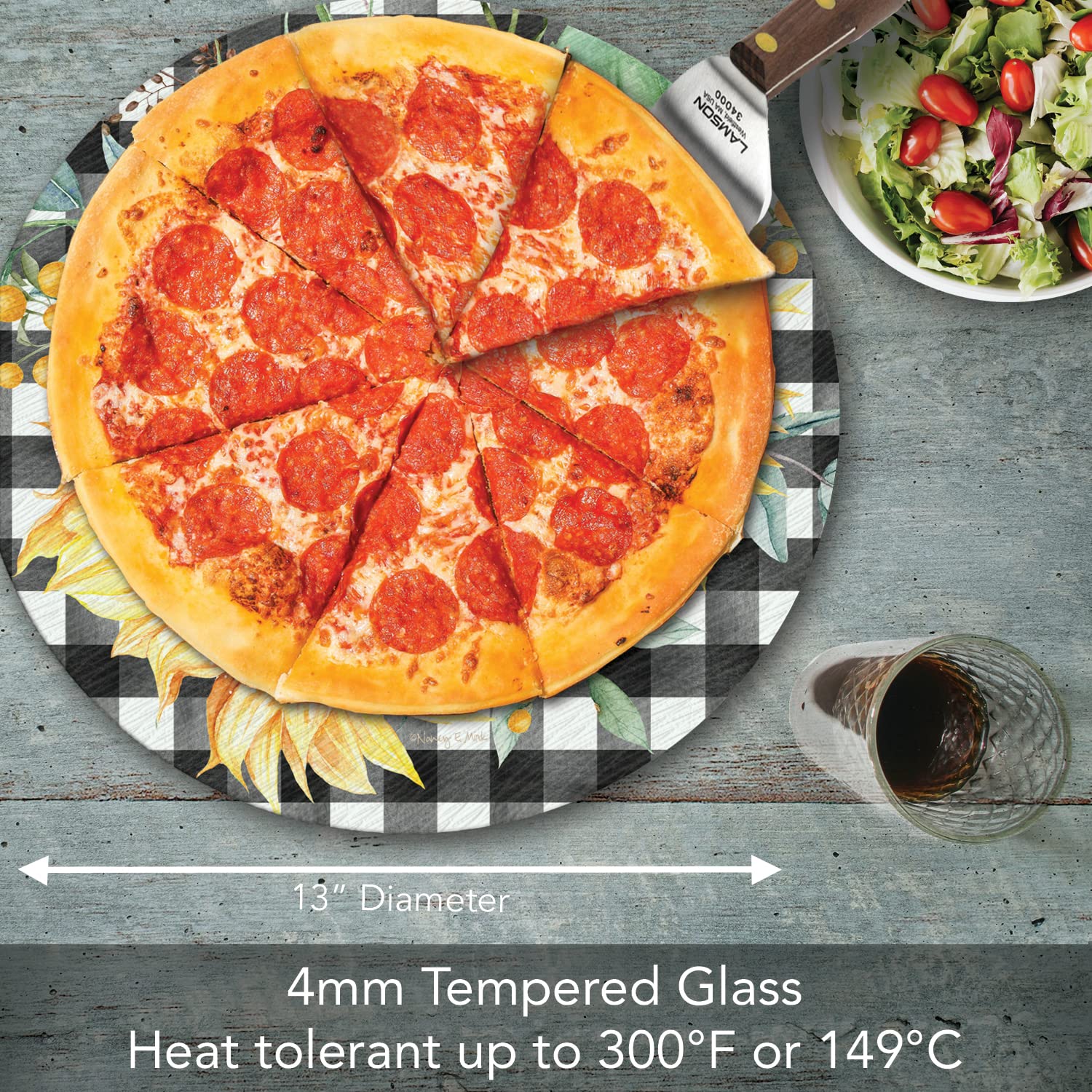 CounterArt Sunflower Fields 4mm Heat Tolerant Tempered Glass Lazy Susan Turntable 13" Diameter Cake Plate Condiment Caddy Pizza Server