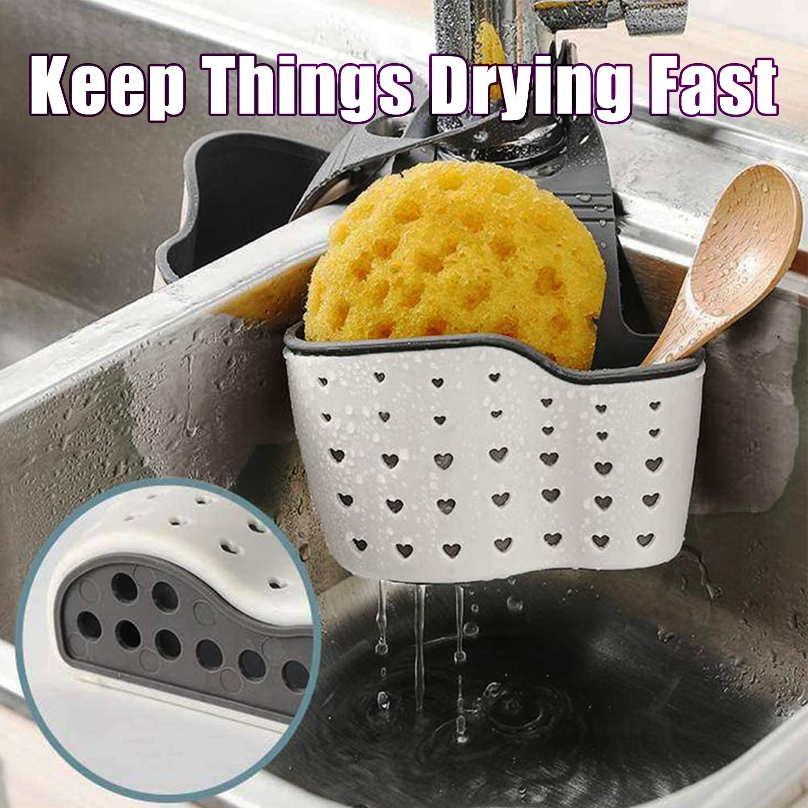 JAKENHAM 2Pack Sink Hanging Sponge Holder,Sink Caddy Sponge Holder Soap Holder,Hanging Ajustable Strap Faucet Caddy with Drain Holes for Drying,Beige