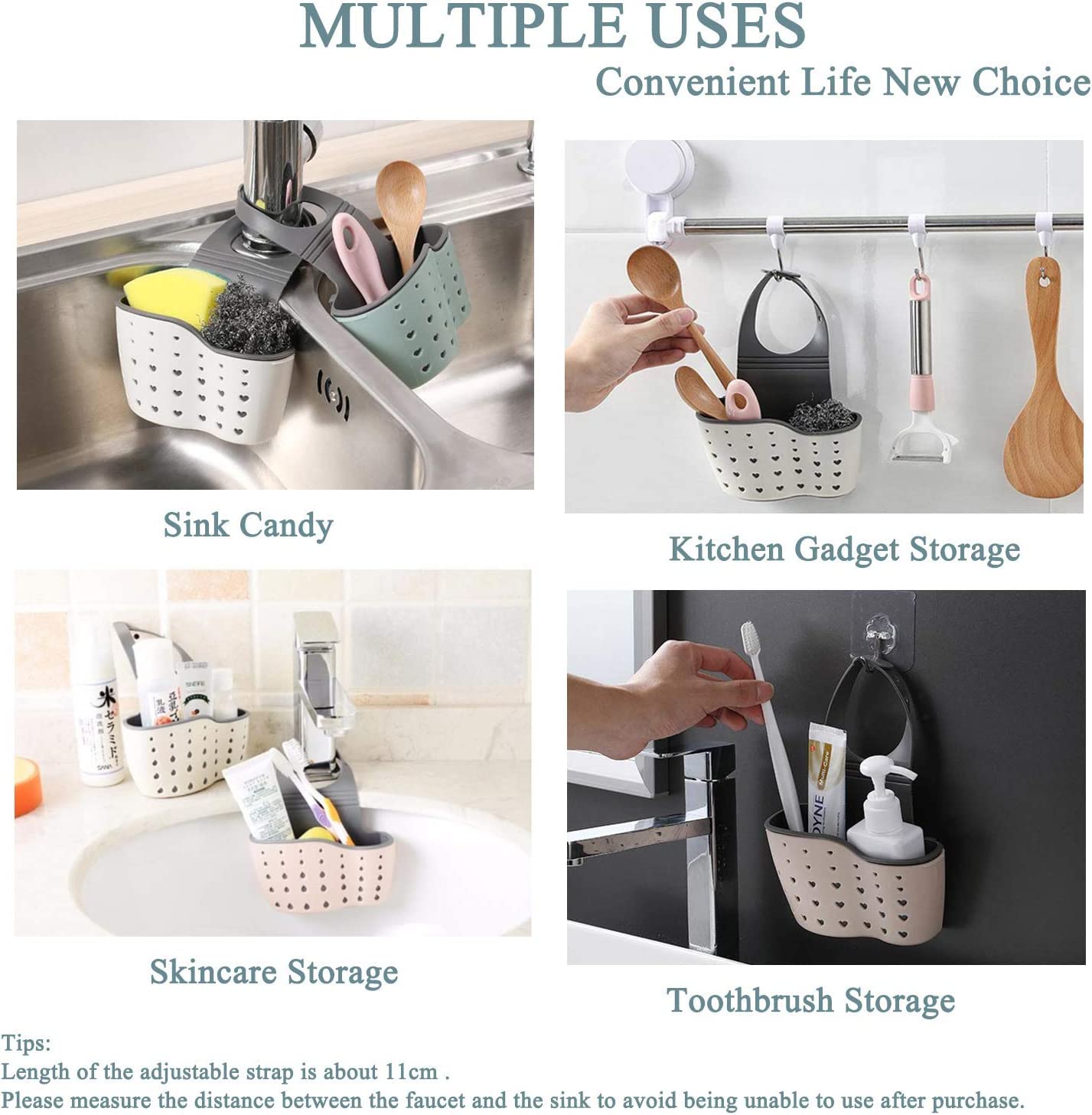 JAKENHAM 2Pack Sink Hanging Sponge Holder,Sink Caddy Sponge Holder Soap Holder,Hanging Ajustable Strap Faucet Caddy with Drain Holes for Drying,Beige