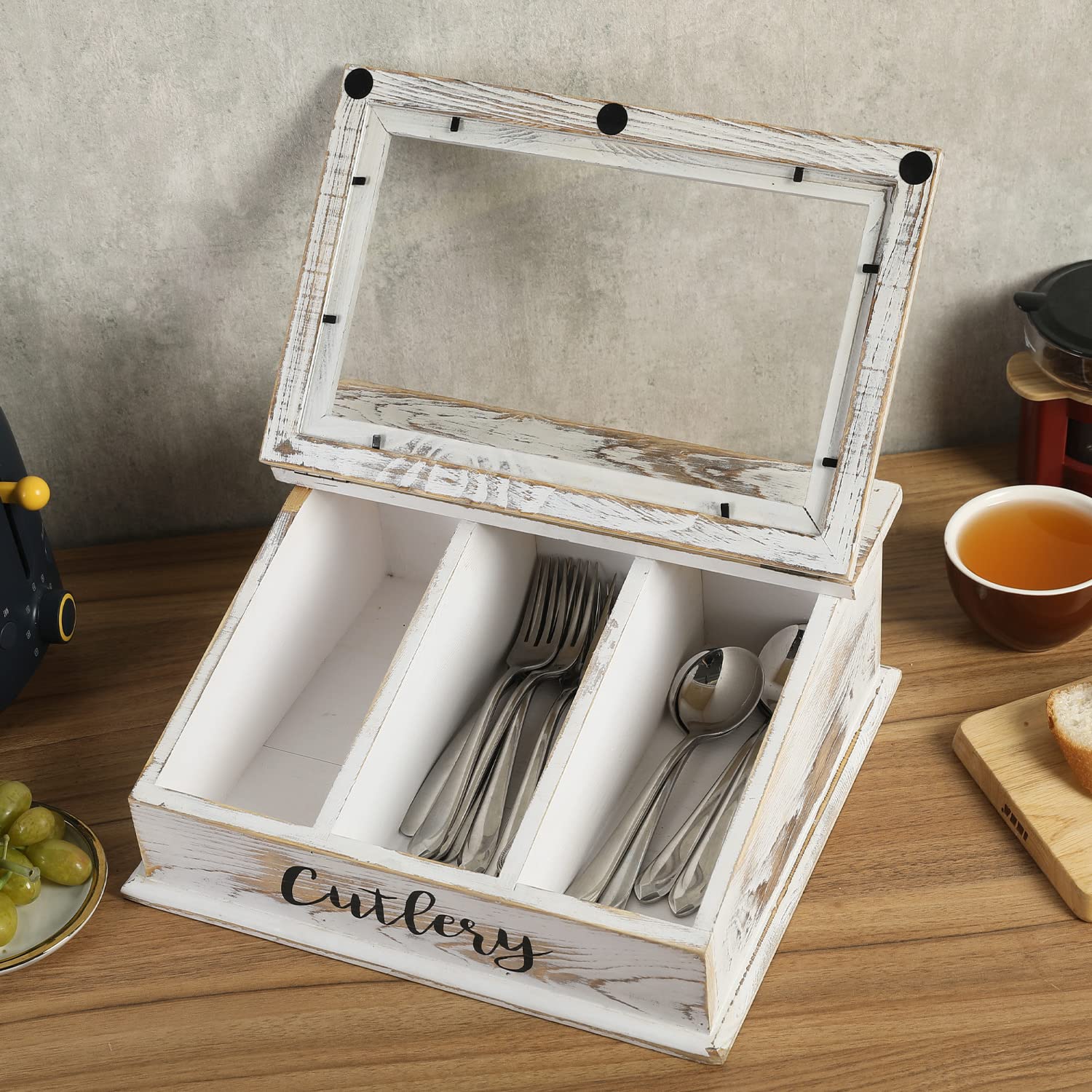 MyGift 3-Compartment Whitewashed Solid Wood Cutlery Tray Box Organizer with Clear Acrylic Hinged Lid & Black Cursive"CUTLERY" Label, Dining Utensil Holder
