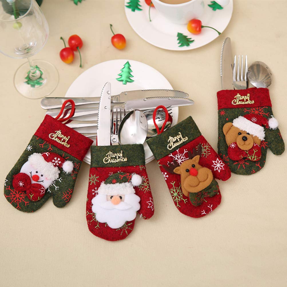 DOITOOL 4 Pcs Christmas Cutlery Bags Mini Christmas Stockings Gloves Bear Tableware Cover Xmas Silverware Holders Christmas Table Decoration