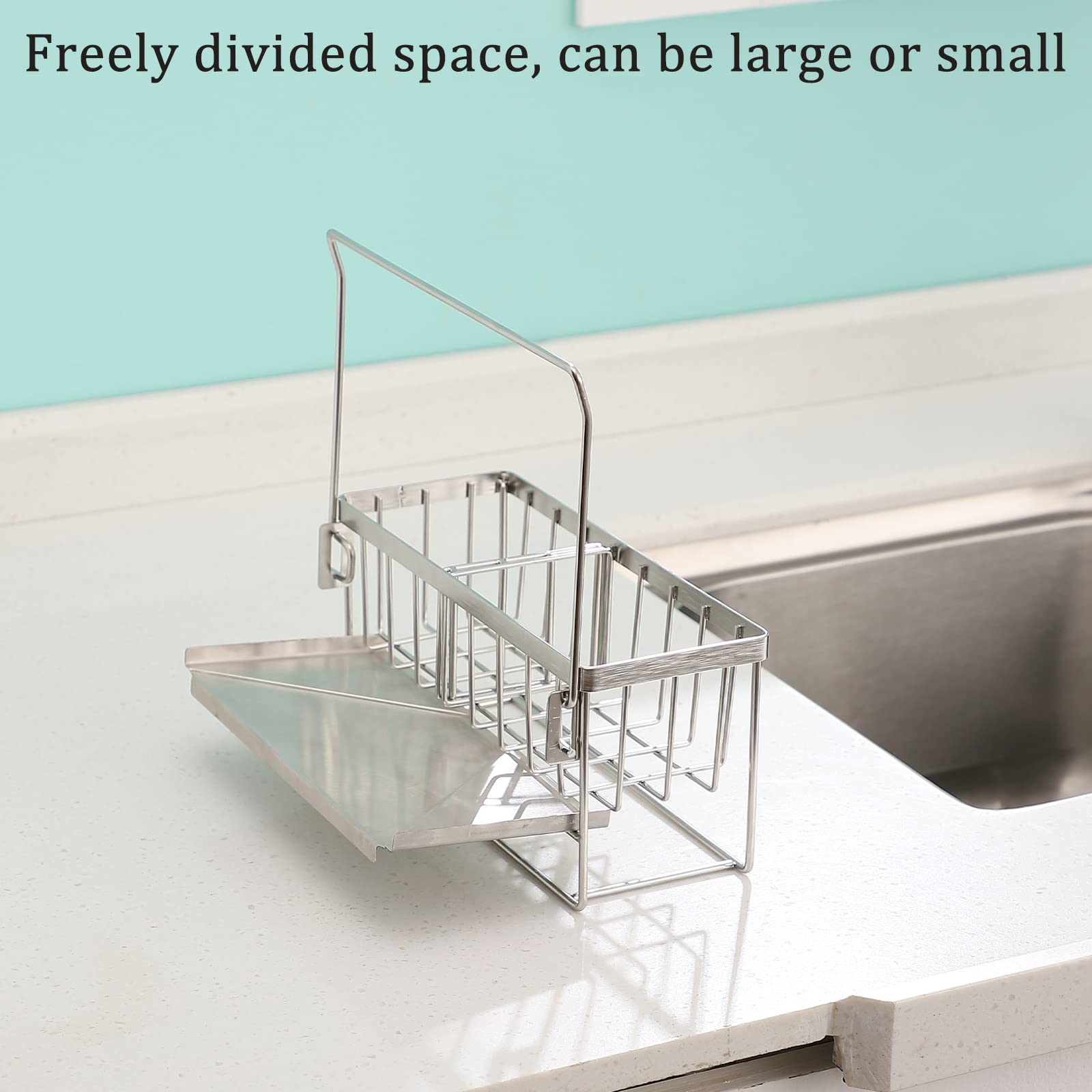 JINSILU Sink Caddy with Drain Tray, Kitchen Sink Caddy for ponge Dish Brush Soap, Kitchen Sink Organizer for Kitchen Bathroom, Sus304 Stainless Steel Rustproof