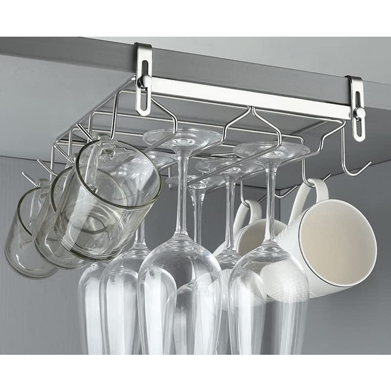 Coffee Mug Holder & Adjustable Wine Glasses Rack Under Cabinet Stemware Rack ,304 Stainless Steel Stemware Rack, Nail Free Wine Glass Holder Glasses Storage Hanger Organizer for Bar Kitchen