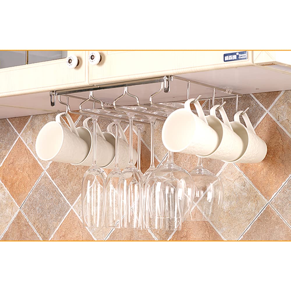 Coffee Mug Holder & Adjustable Wine Glasses Rack Under Cabinet Stemware Rack ,304 Stainless Steel Stemware Rack, Nail Free Wine Glass Holder Glasses Storage Hanger Organizer for Bar Kitchen