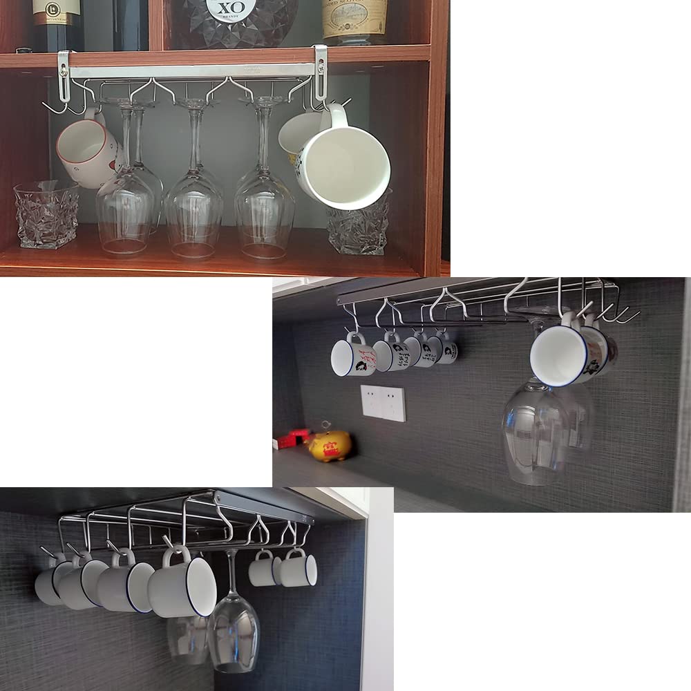 Coffee Mug Holder & Adjustable Wine Glasses Rack Under Cabinet Stemware Rack ,304 Stainless Steel Stemware Rack, Nail Free Wine Glass Holder Glasses Storage Hanger Organizer for Bar Kitchen