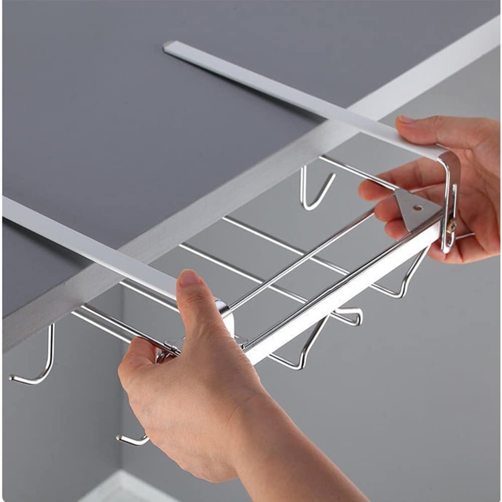 Coffee Mug Holder & Adjustable Wine Glasses Rack Under Cabinet Stemware Rack ,304 Stainless Steel Stemware Rack, Nail Free Wine Glass Holder Glasses Storage Hanger Organizer for Bar Kitchen