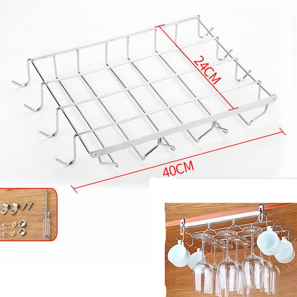 Coffee Mug Holder & Adjustable Wine Glasses Rack Under Cabinet Stemware Rack ,304 Stainless Steel Stemware Rack, Nail Free Wine Glass Holder Glasses Storage Hanger Organizer for Bar Kitchen