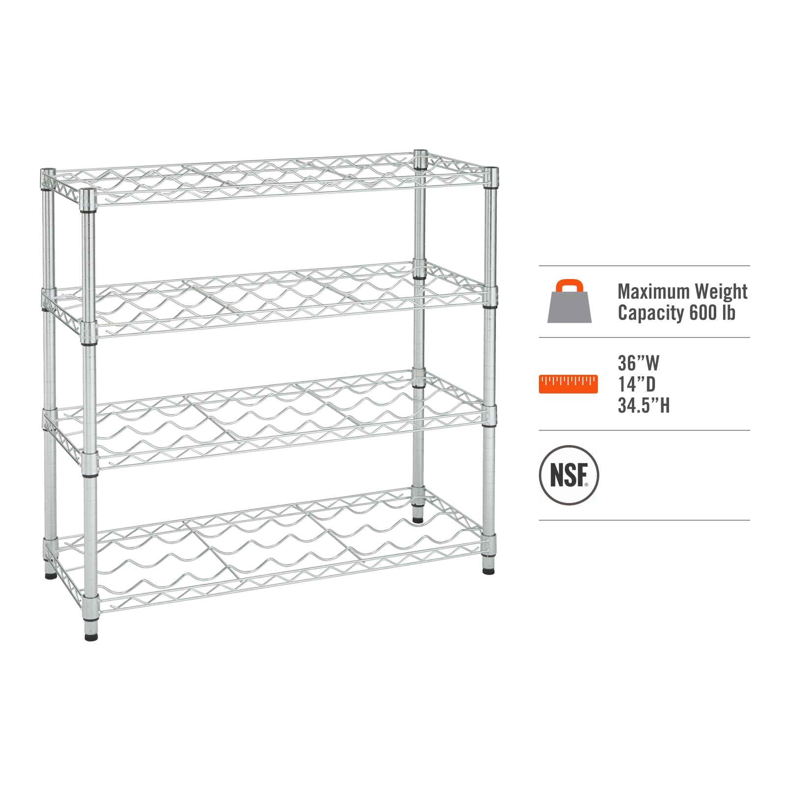 TRINITY EcoStorage 4-Tier Adjustable Metal Wire Wine Rack, Freestanding Stackable Bottle Holder for Bar and Kitchen Storage, Minimum 36 Bottle Capacity, 36” W x 14” D x 34.5” H, Chrome