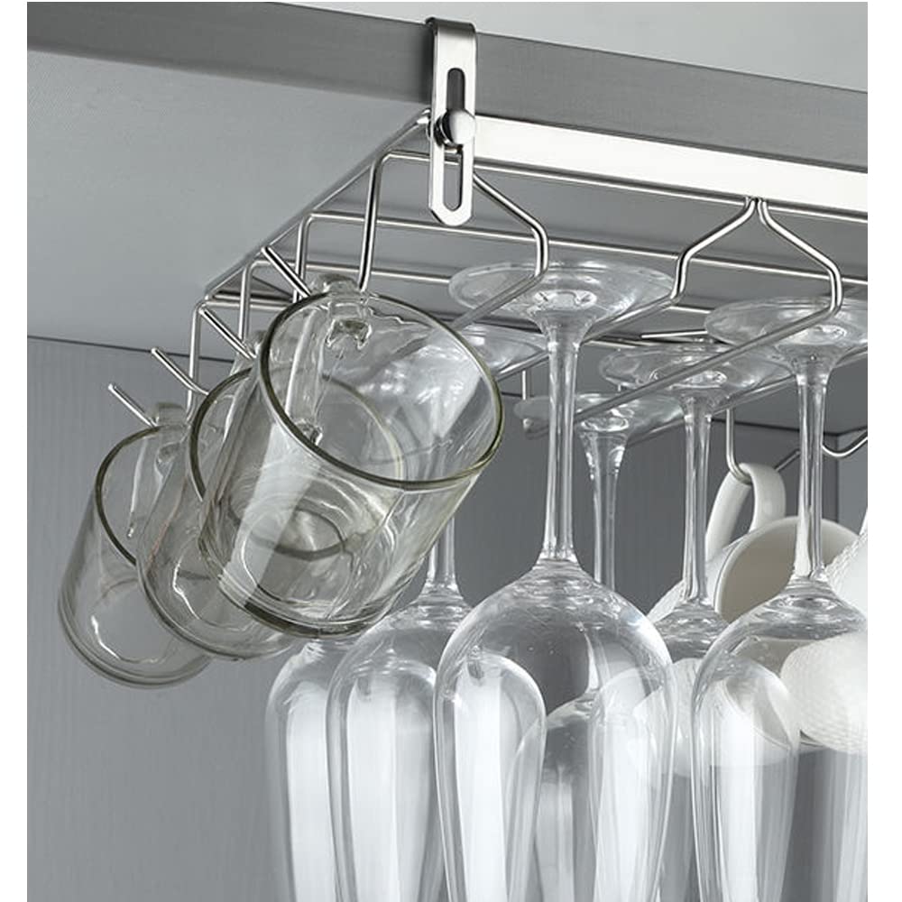 Coffee Mug Holder & Adjustable Wine Glasses Rack Under Cabinet Stemware Rack ,304 Stainless Steel Stemware Rack, Nail Free Wine Glass Holder Glasses Storage Hanger Organizer for Bar Kitchen
