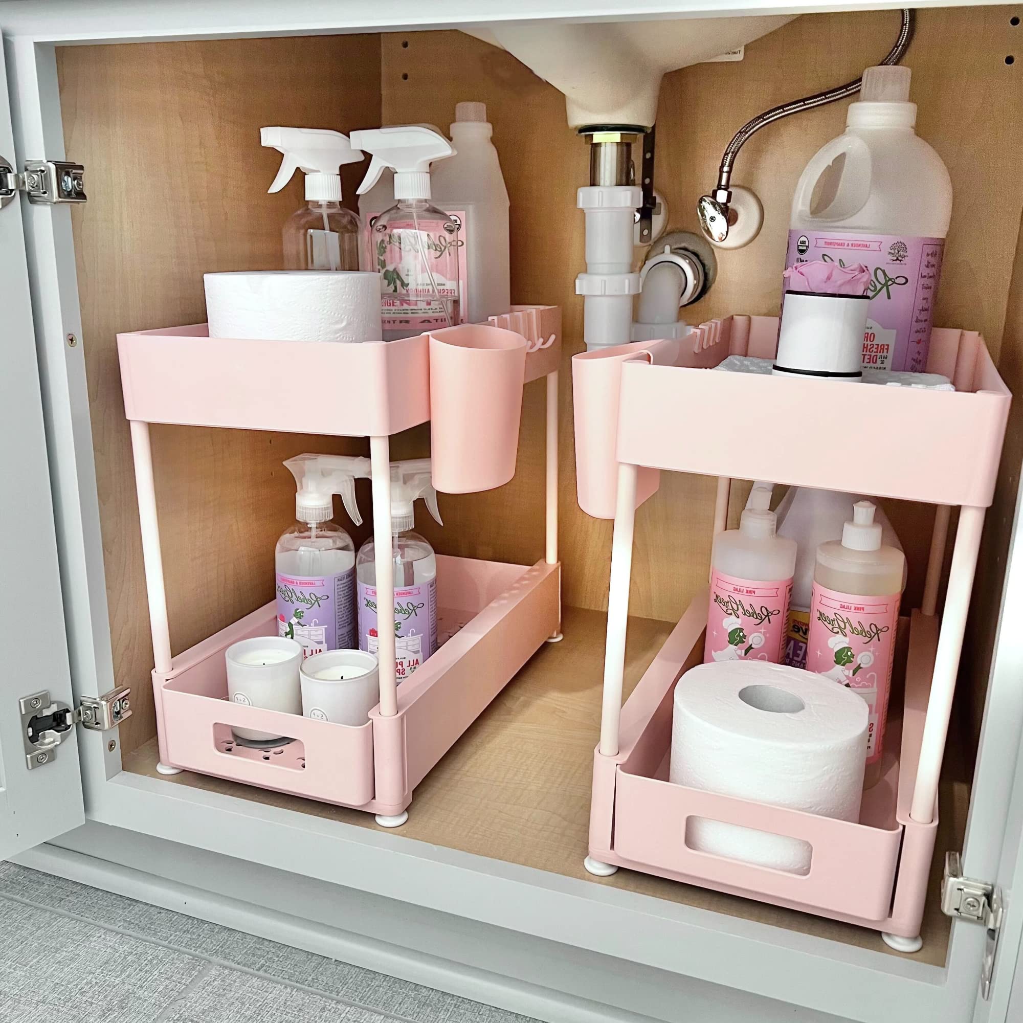 Under Sink Organizers and Storage, 2 Tier Cabinet Organizer with Sliding Pull Out Drawer, Multi-purpose Under Sink Organizer Shelf With Hooks for Bathroom Kitchen, Pink