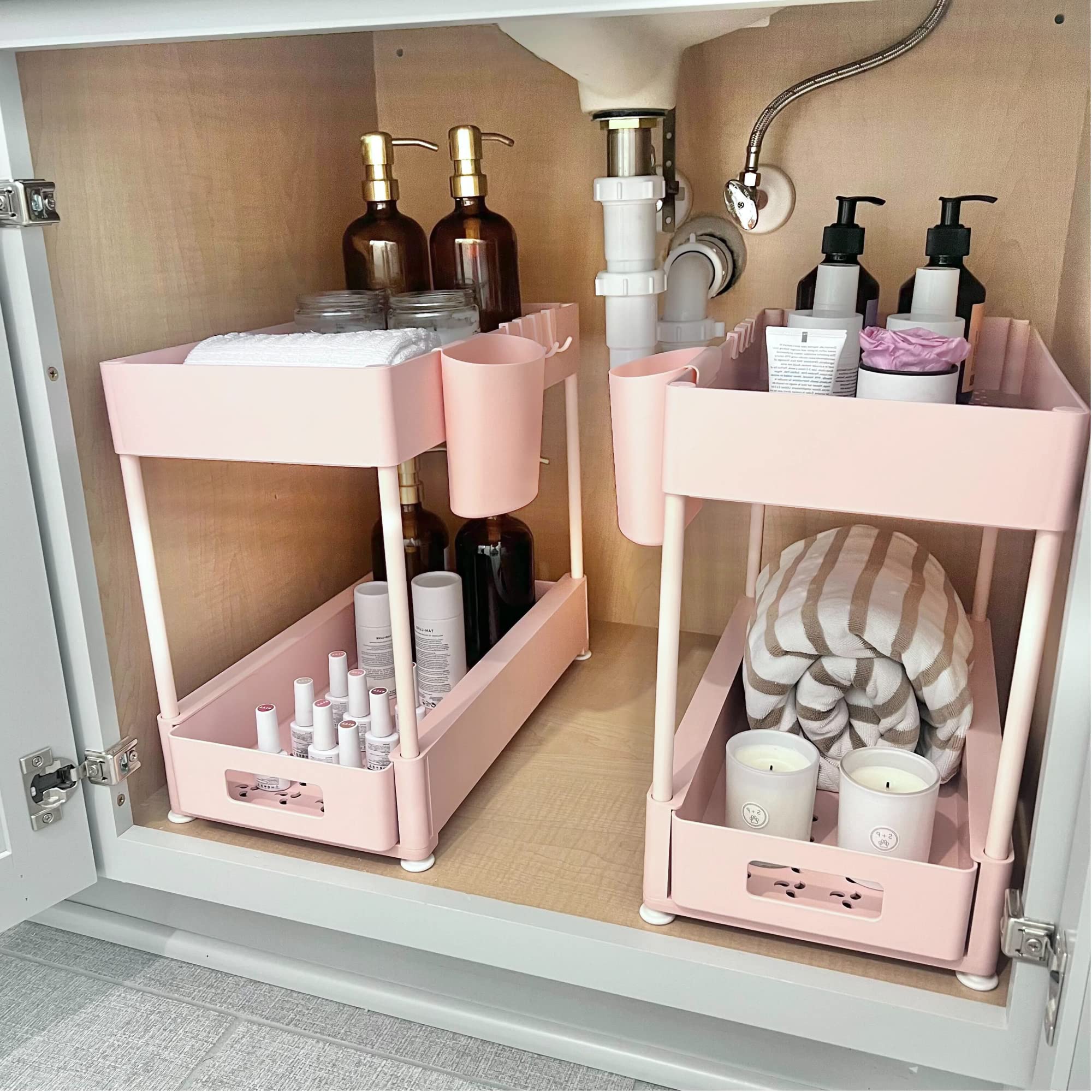 Under Sink Organizers and Storage, 2 Tier Cabinet Organizer with Sliding Pull Out Drawer, Multi-purpose Under Sink Organizer Shelf With Hooks for Bathroom Kitchen, Pink
