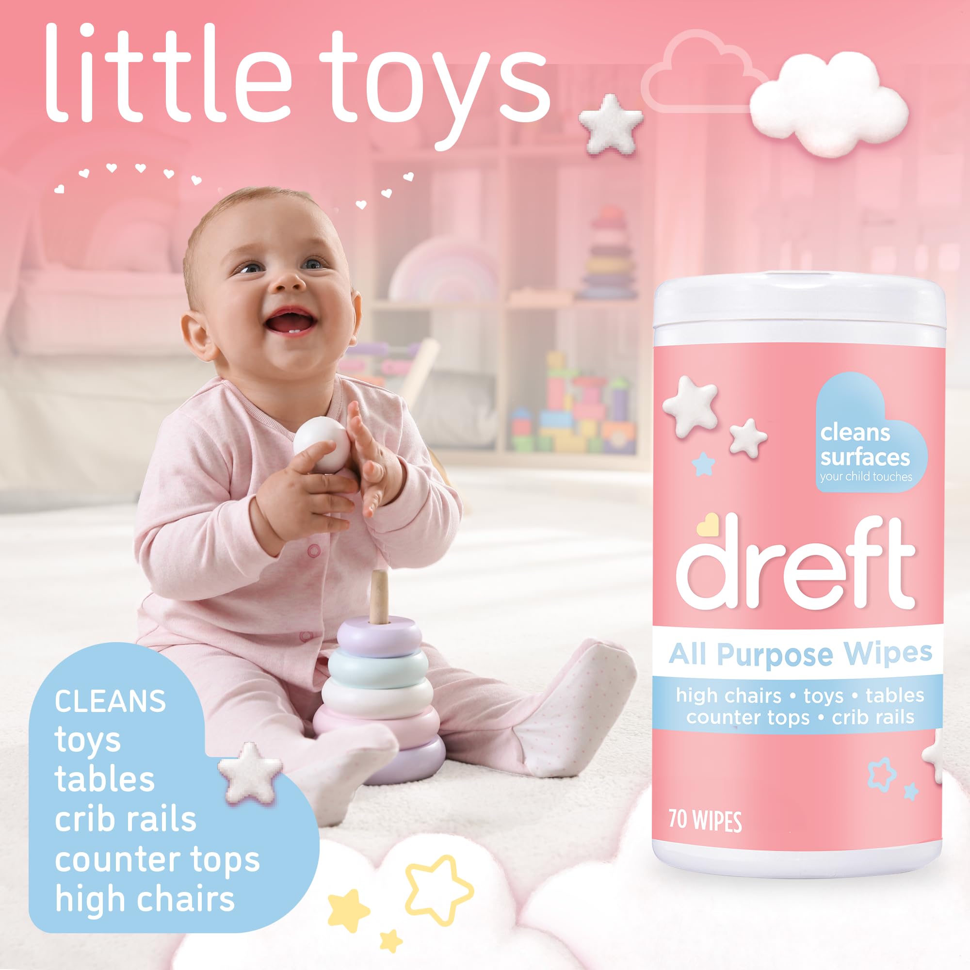 Dreft Multi-Surface All-Purpose Gentle Cleaning Wipes for Baby Toys, Car Seat, High Chair & More, 70 Count (Pack of 4)