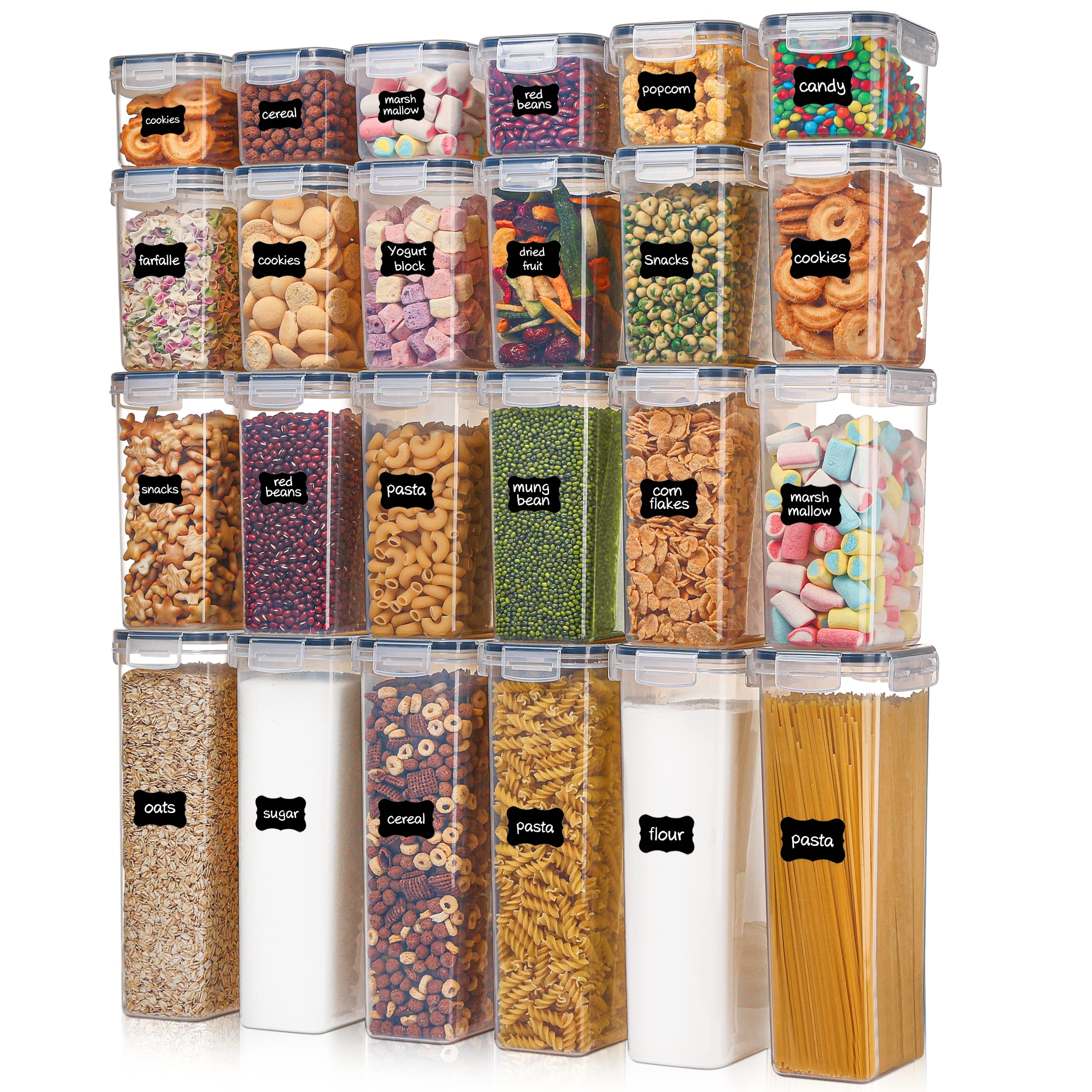 Airtight Food Storage Containers with Lids, Vtopmart 24 pcs Plastic Kitchen and Pantry Organization Canisters for Cereal, Dry Food, Flour and Sugar, BPA Free, Includes 24 Labels