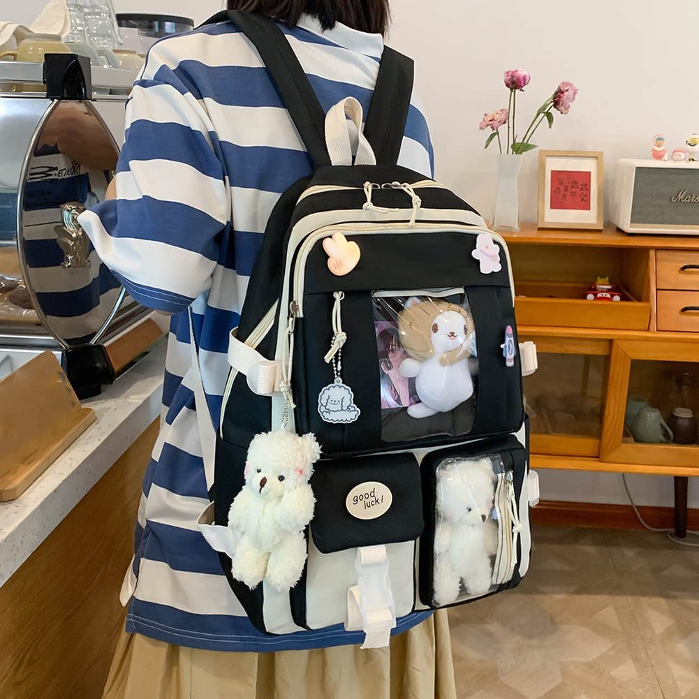 AONUOWE Kawaii Backpack with Cute Pins and Pendants 5Pcs Set Preppy Rucksack for Teen Girls School Bag Aesthetic Backpack (Black)