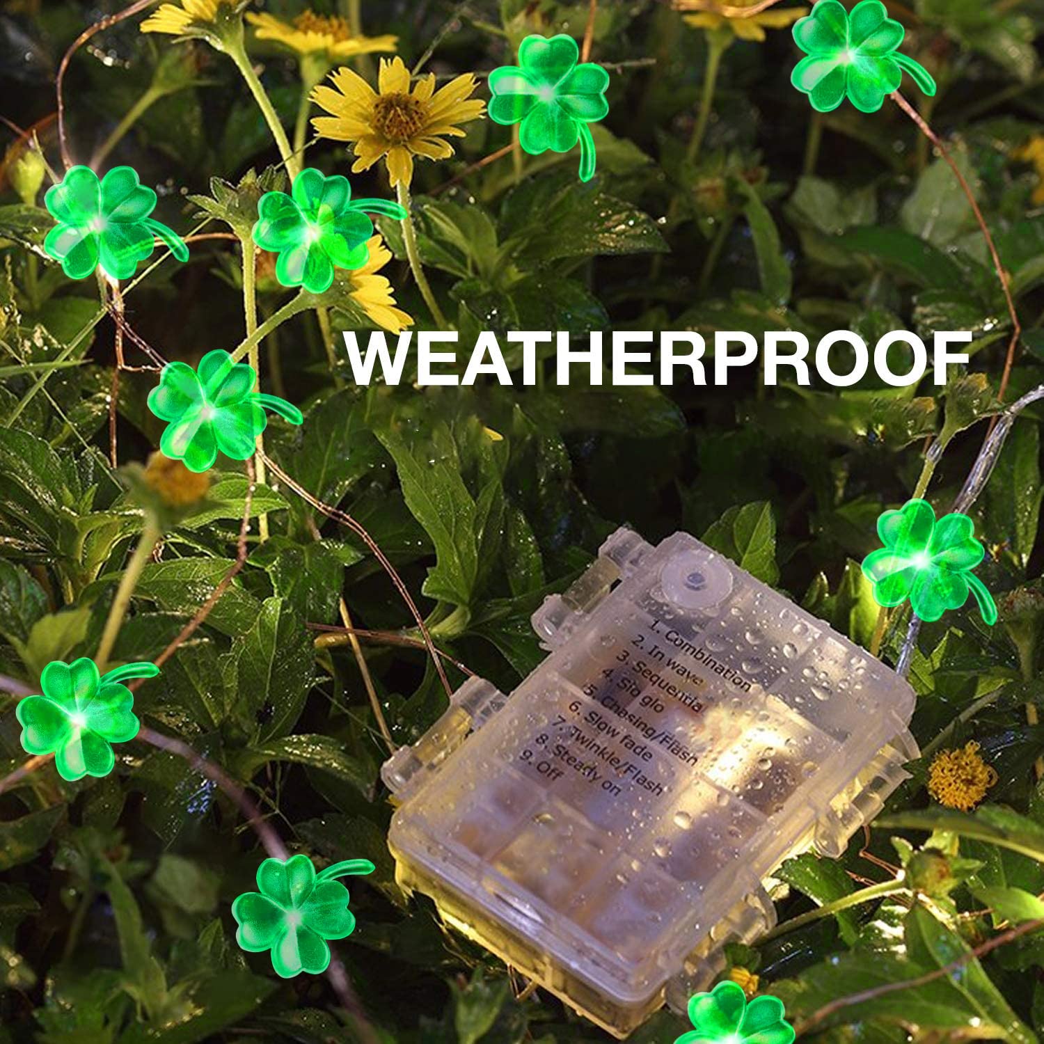 St. Patrick's Day Lights Shamrock String Lights Battery Operated 13 Feet 40 LEDs 8 Mode with Remote Lucky Clover Silver Wire Mini Fairy Lights for Bedroom Party Feast Green Day Decorations