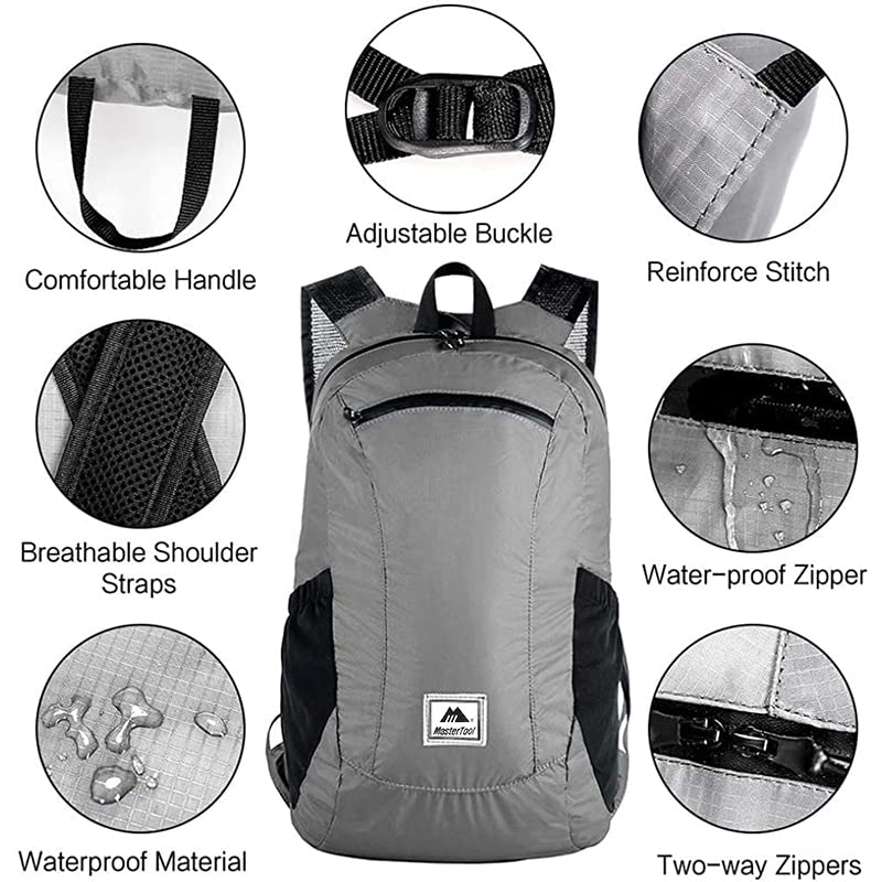 MasterTool Hiking Daypack, Water Resistant Lightweight Packable Foldable Backpack for Travel Camping Outdoor, Black, (291-2243-06), 20L