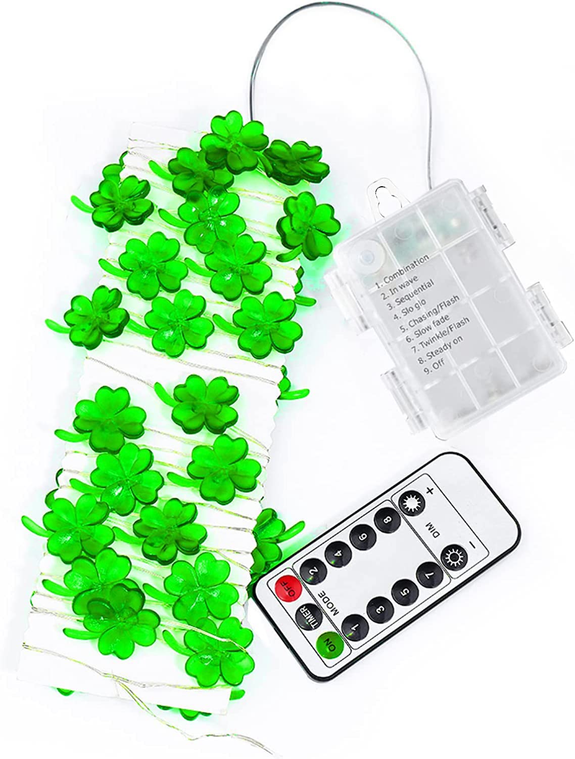 St. Patrick's Day Lights Shamrock String Lights Battery Operated 13 Feet 40 LEDs 8 Mode with Remote Lucky Clover Silver Wire Mini Fairy Lights for Bedroom Party Feast Green Day Decorations