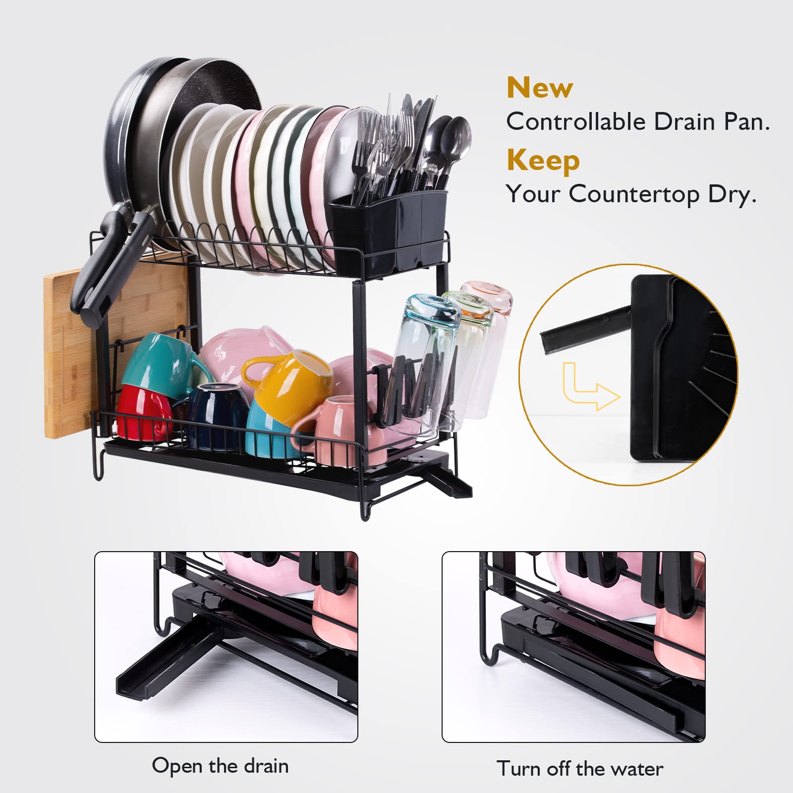 SUNNOW Nuovoo Dish Drying Rack, Black 2 Tier Dish Drainer, Over The Sink Utensil Holder, Cup Cutting Board Holder, Large Rust-Proof Storage Organizer with Adjustable Water Outlet for Kitchen Counter