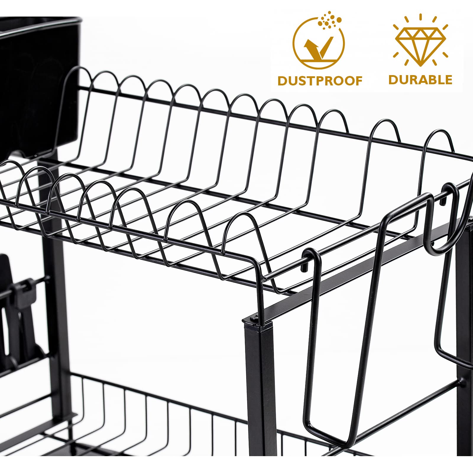 SUNNOW Nuovoo Dish Drying Rack, Black 2 Tier Dish Drainer, Over The Sink Utensil Holder, Cup Cutting Board Holder, Large Rust-Proof Storage Organizer with Adjustable Water Outlet for Kitchen Counter