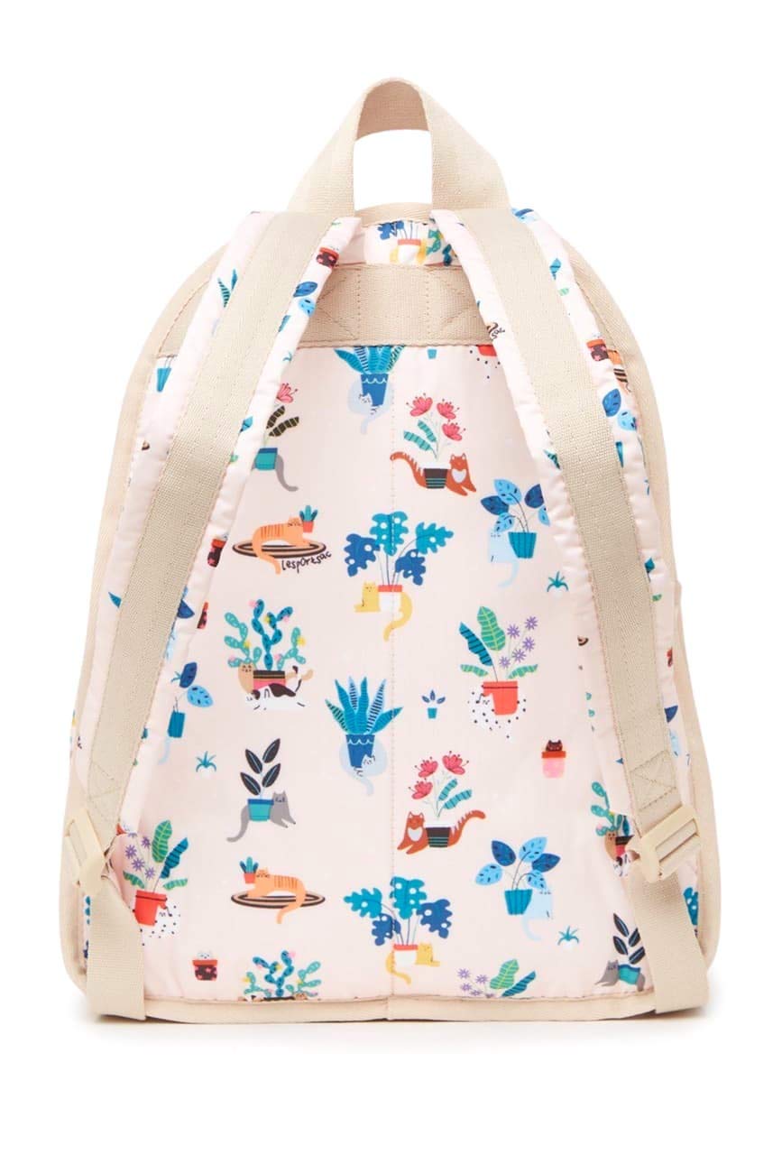 LeSportsac Comfy Cats Basic Backpack/Rucksack, Style 7812/Color F645 Colorful Playful Cozy Kittens and Cats Amid Floral Designs, Light Pink Iridescent Sheen Bag