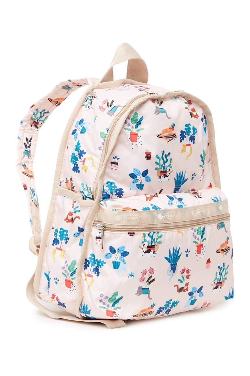 LeSportsac Comfy Cats Basic Backpack/Rucksack, Style 7812/Color F645 Colorful Playful Cozy Kittens and Cats Amid Floral Designs, Light Pink Iridescent Sheen Bag