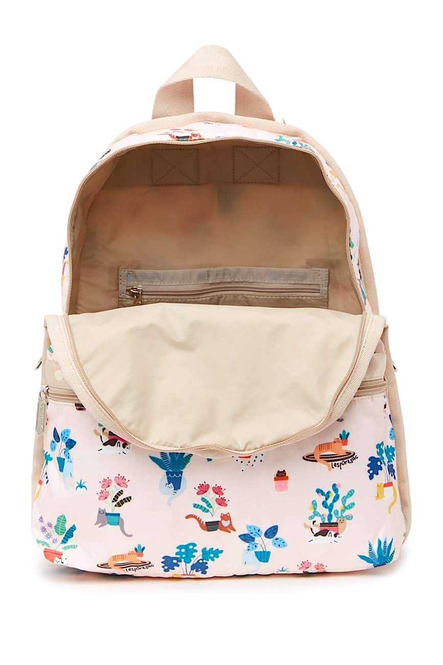LeSportsac Comfy Cats Basic Backpack/Rucksack, Style 7812/Color F645 Colorful Playful Cozy Kittens and Cats Amid Floral Designs, Light Pink Iridescent Sheen Bag