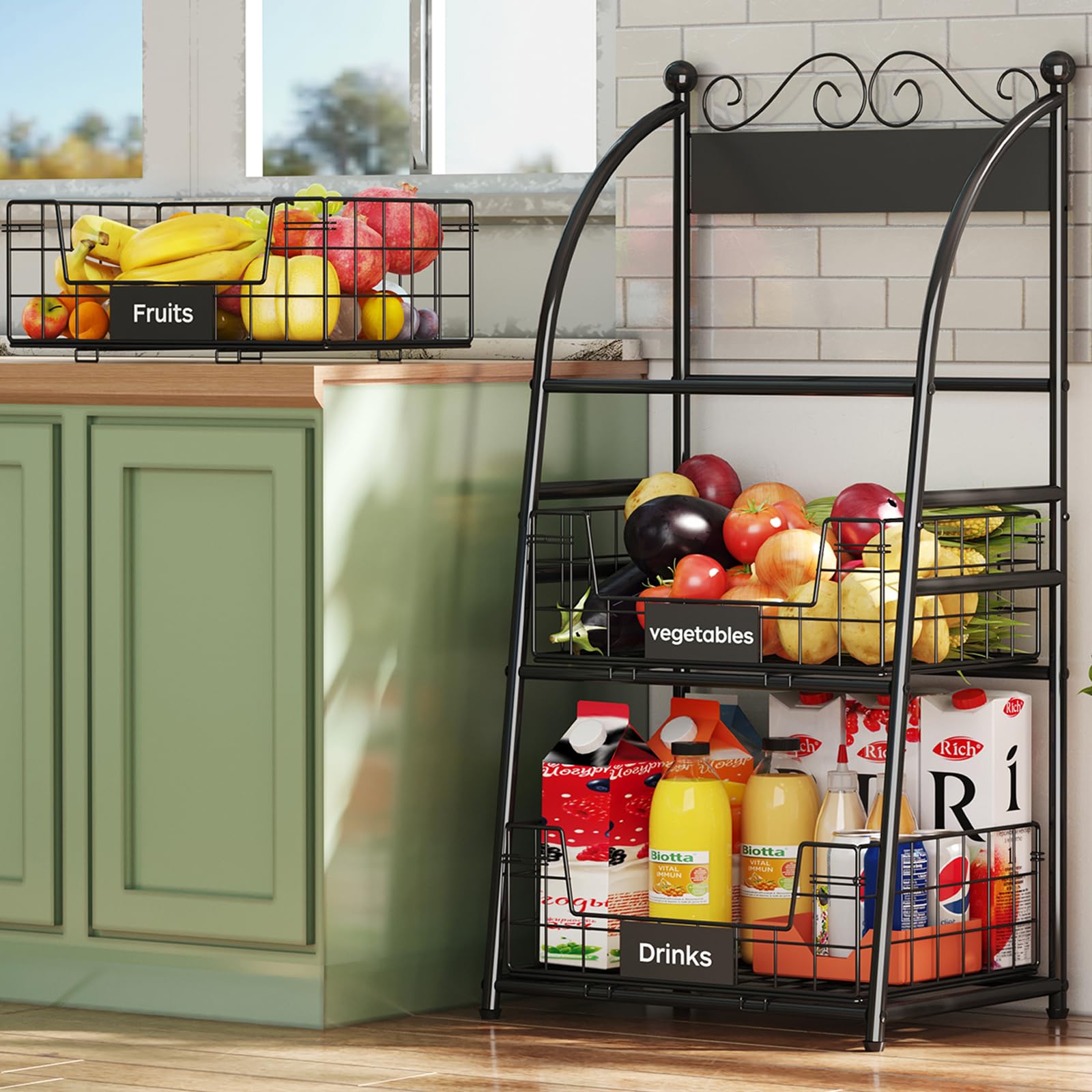 3 Tier Vegetables Storage Basket Stand with Nameplate, Removable Wire Fruit Basket, Kitchen Freestanding Metal Fruit Storage Cart with Anti-scratch Adjustable Feet, for Fruit Vegetable Onion Potato