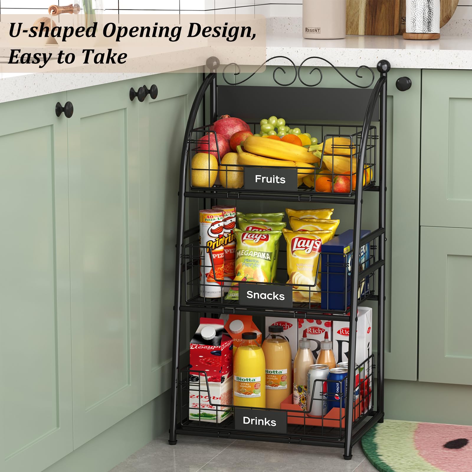3 Tier Vegetables Storage Basket Stand with Nameplate, Removable Wire Fruit Basket, Kitchen Freestanding Metal Fruit Storage Cart with Anti-scratch Adjustable Feet, for Fruit Vegetable Onion Potato