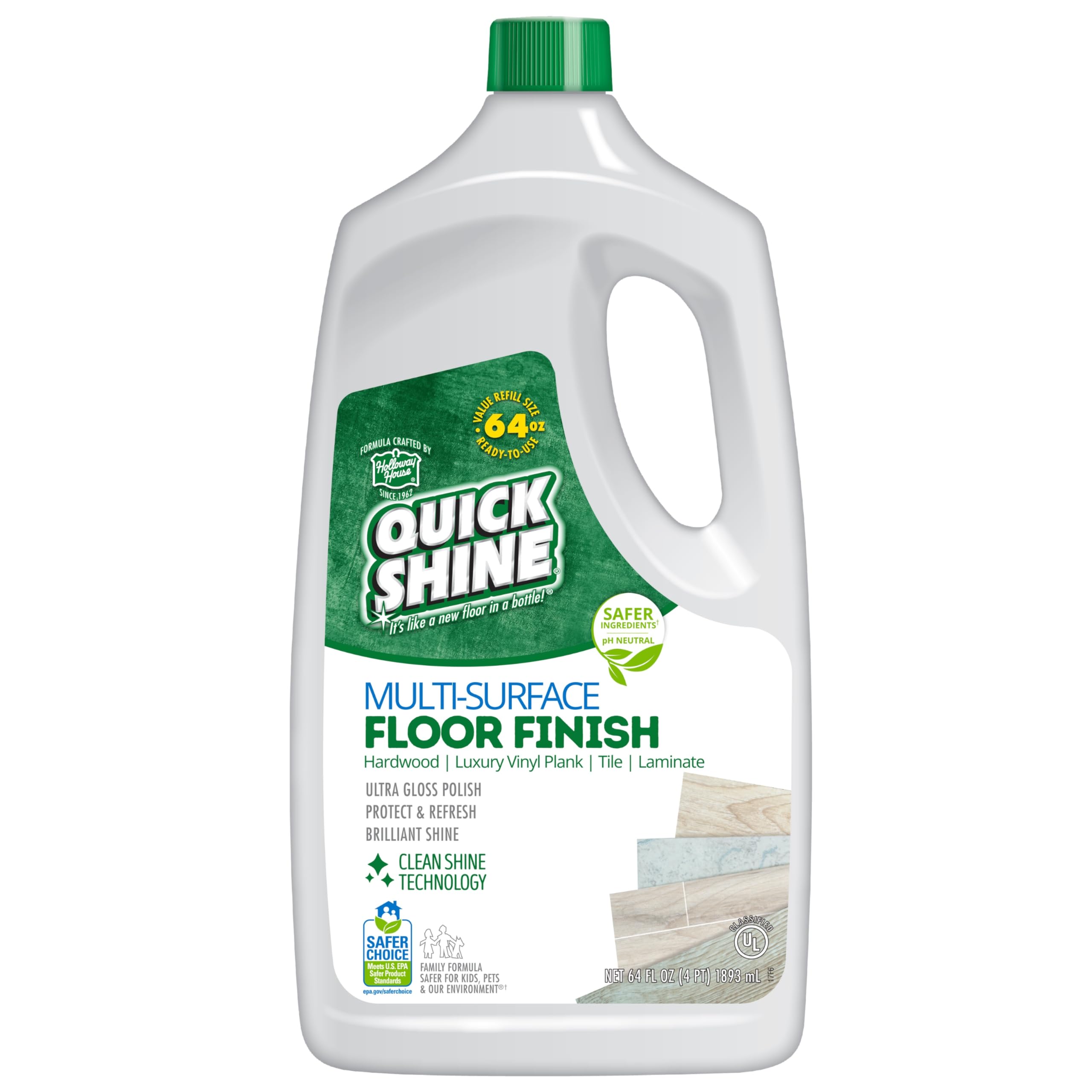 Quick Shine Multi Surface Floor Finish 64oz | Cleaner & Polish to use on Hardwood, Laminate, Luxury Vinyl Plank LVT, Tile & Stone | Safer Choice w/Clean Shine Technology | Protect-Refresh