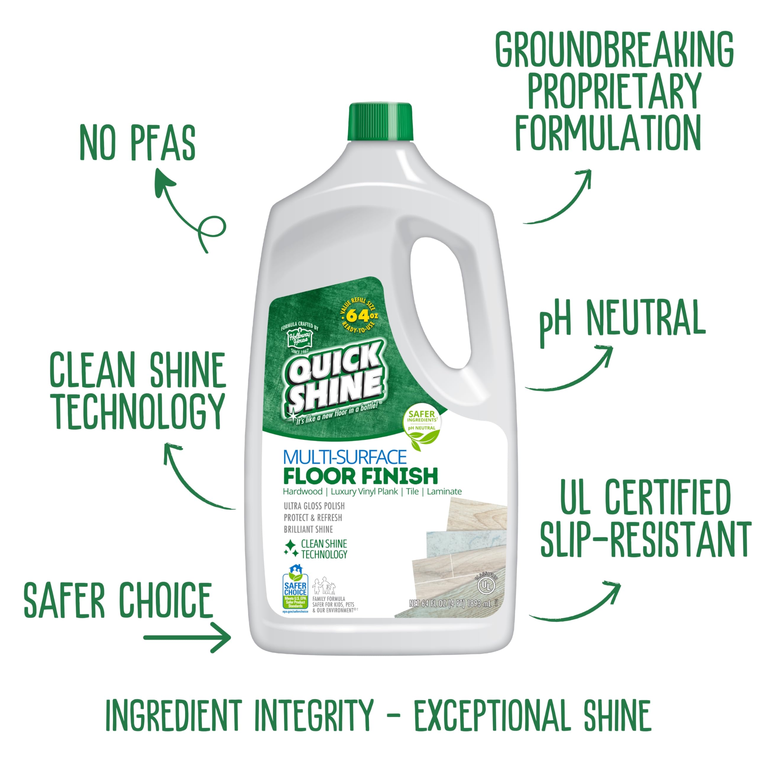 Quick Shine Multi Surface Floor Finish 64oz | Cleaner & Polish to use on Hardwood, Laminate, Luxury Vinyl Plank LVT, Tile & Stone | Safer Choice w/Clean Shine Technology | Protect-Refresh