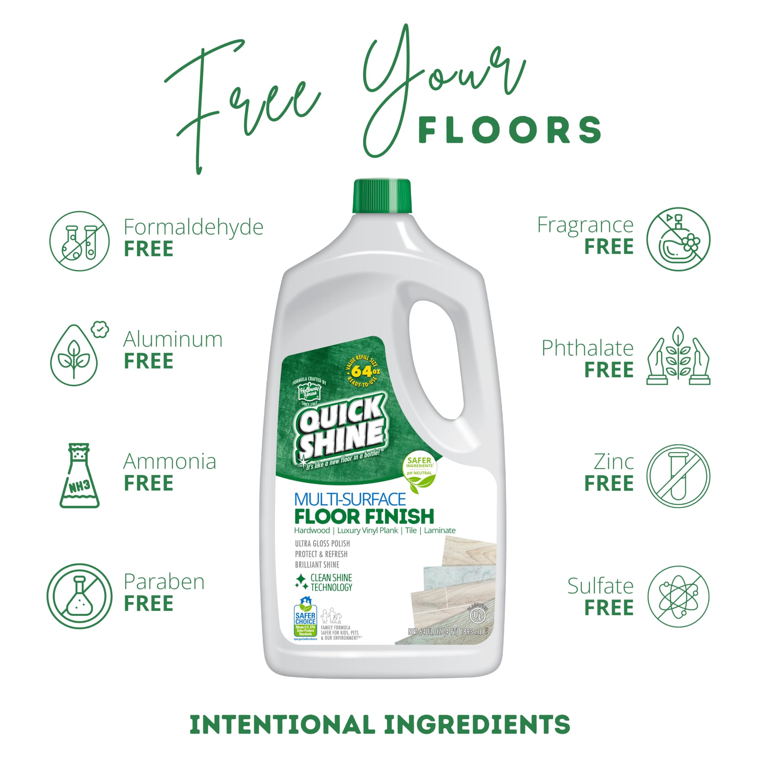 Quick Shine Multi Surface Floor Finish 64oz | Cleaner & Polish to use on Hardwood, Laminate, Luxury Vinyl Plank LVT, Tile & Stone | Safer Choice w/Clean Shine Technology | Protect-Refresh