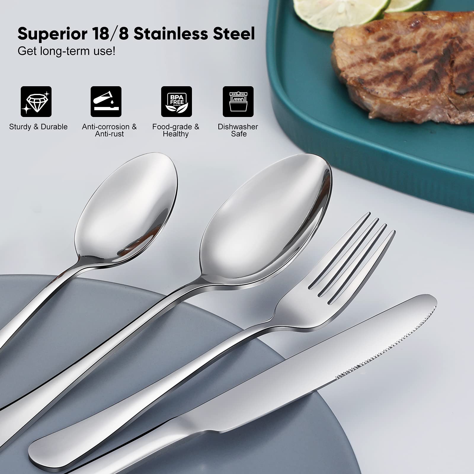 36-Piece Silverware Set with Steak Knives for 6, Food-Grade Stainless Steel Utensils Set Includes Spoons Forks Knives,Tableware Cutlery Set For Home Restaurant Hotel, Mirror Finish, Dishwasher Safe