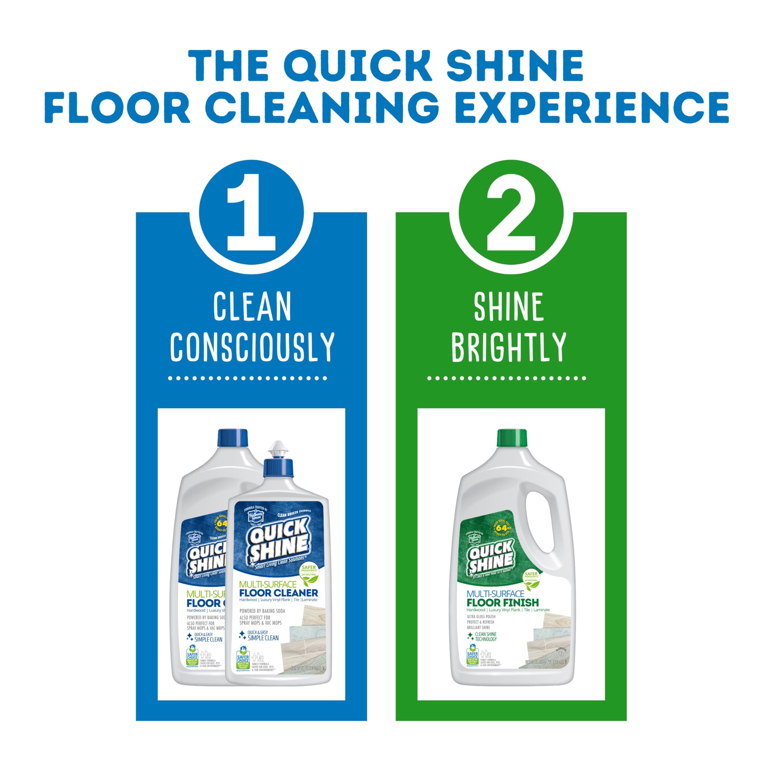 Quick Shine Multi Surface Floor Finish 64oz | Cleaner & Polish to use on Hardwood, Laminate, Luxury Vinyl Plank LVT, Tile & Stone | Safer Choice w/Clean Shine Technology | Protect-Refresh