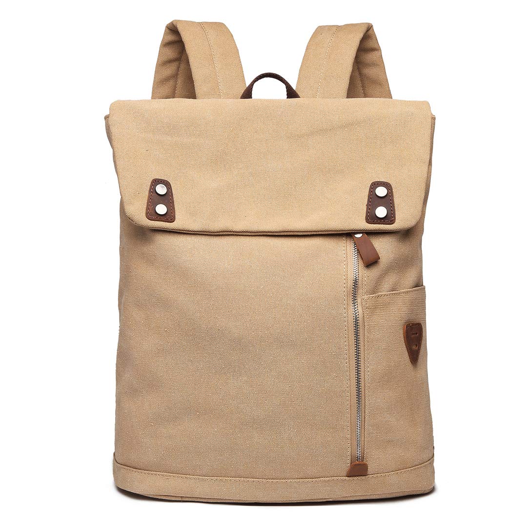 Wxnow Canvas Leather Backpack Laptop Rucksack Casual Outdoor Travel Daypack School Bag for Men Women Khaki
