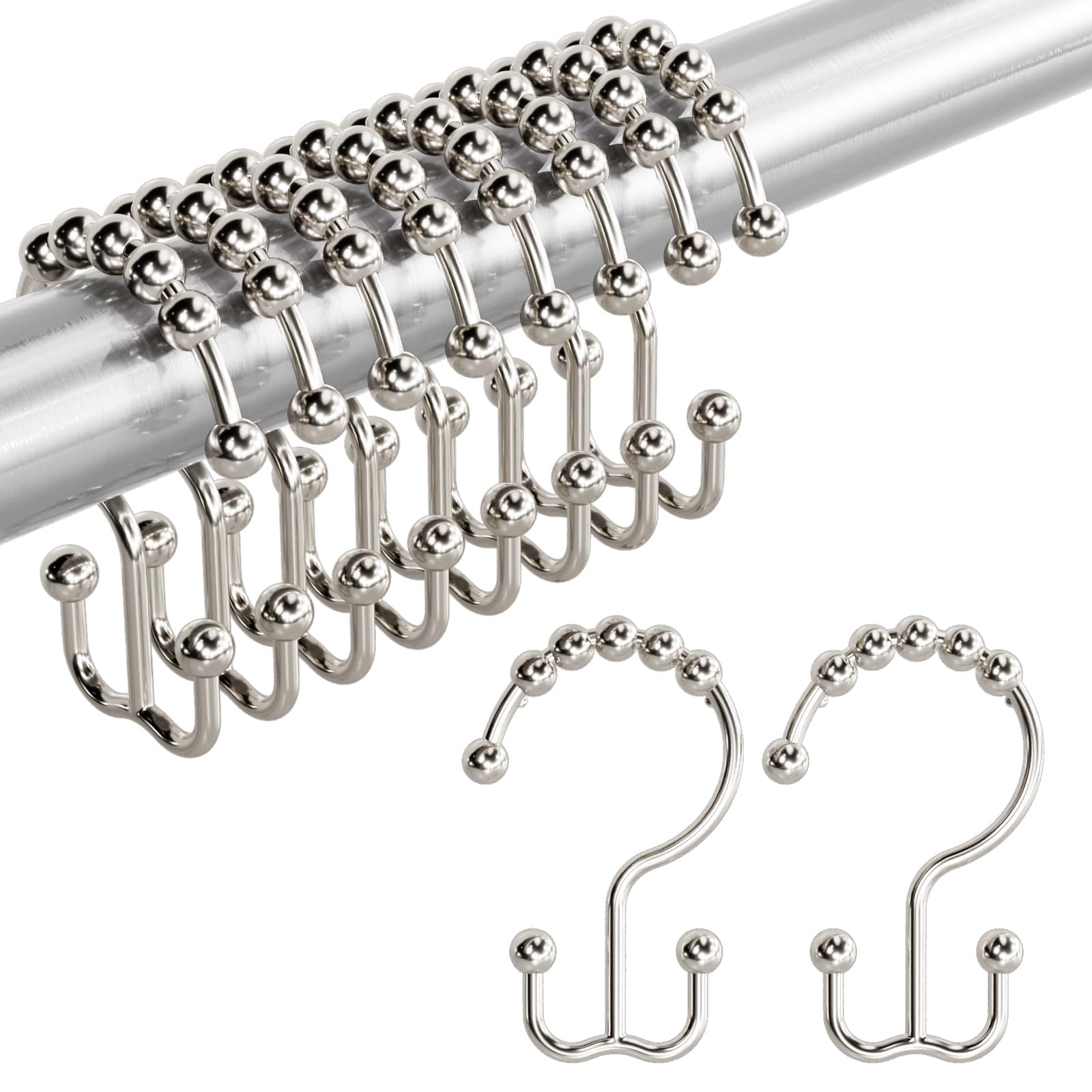 Amazer Shower Curtain Rings, Rust-Resistant Metal Double Shower Hooks for Curtain Rolling Shower Curtain Hooks Rings Shower Rings for Bathroom Shower Curtain Rod , Nickel, Set of 12 Rings